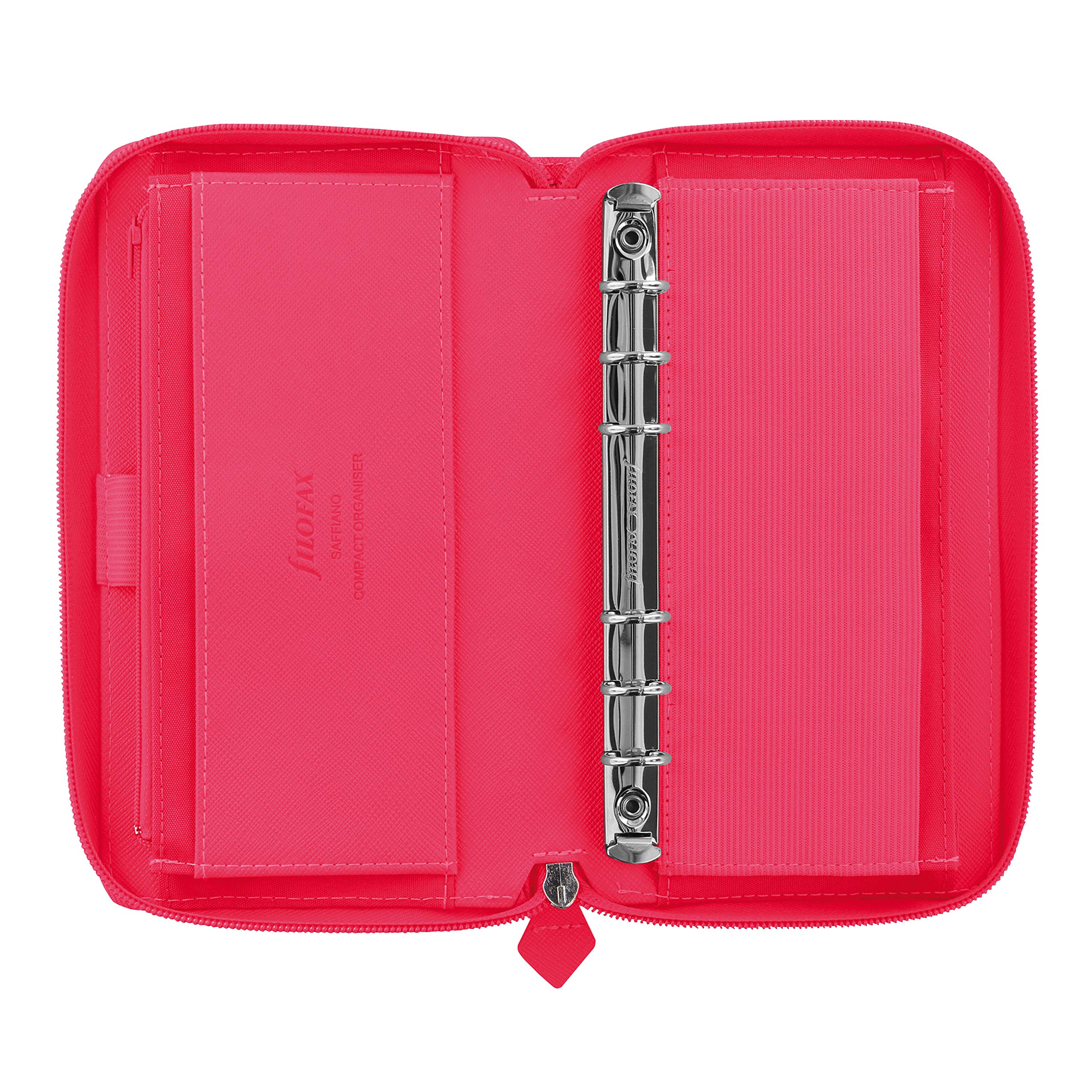 Filofax 2021 Saffiano Zip Fluoro Pink - Personal Compact, Zip Closure, 6 Rings, Includes Week On 2 Pages Calendar Diary, Multilingual (C028751-21)