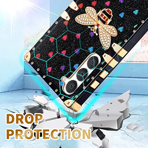 Loheckle for Samsung Galaxy S23 Plus Case for Women, Designer Square Cases for Samsung S23 Plus Case with Ring Stand Holder and Lanyard, Stylish Bees Luxury Cover for Galaxy S23+