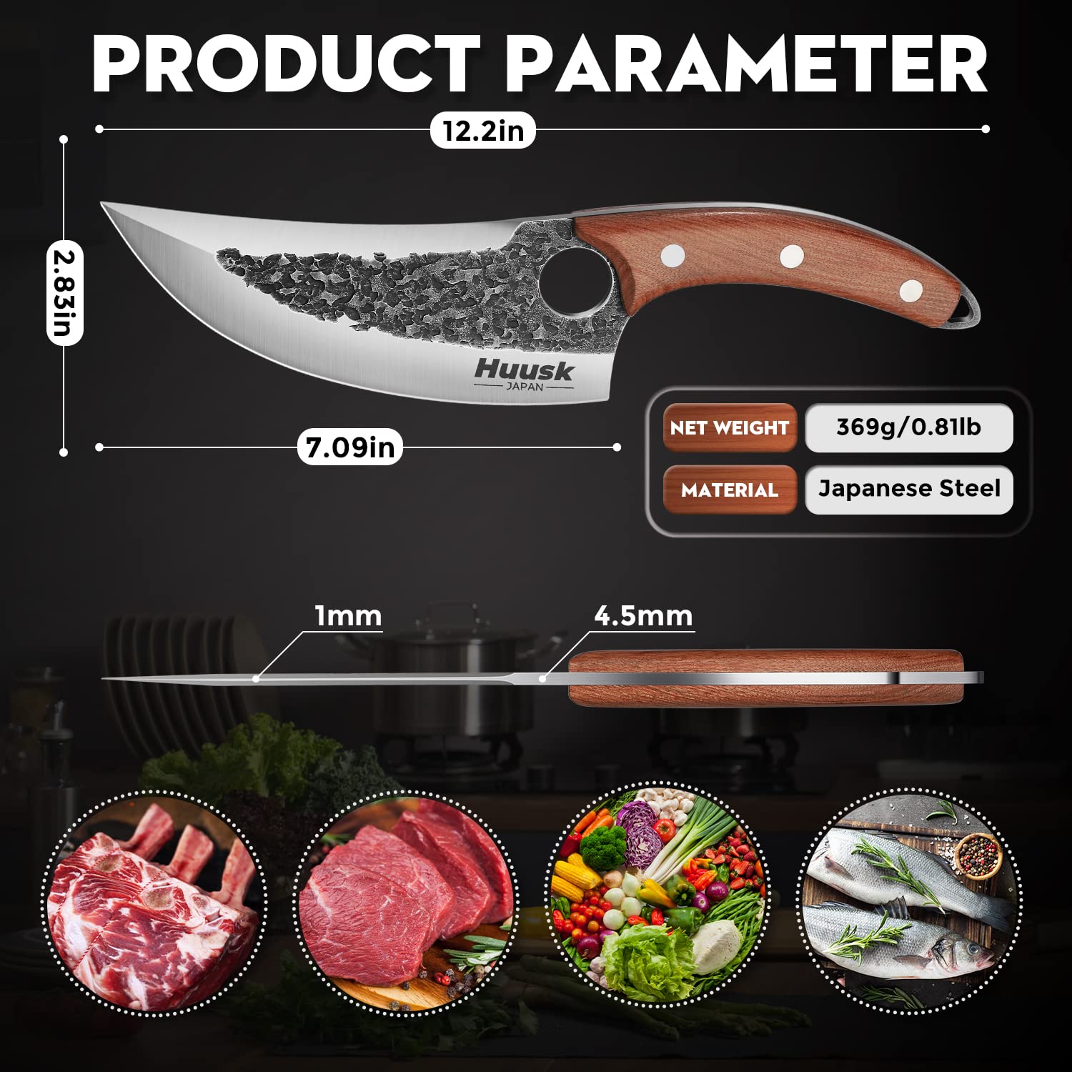 Huusk Upgraded Chef Knife Bundle with Black Meat Cleaver Viking Gift Men Cooking BBQ Camping Knives with sheath