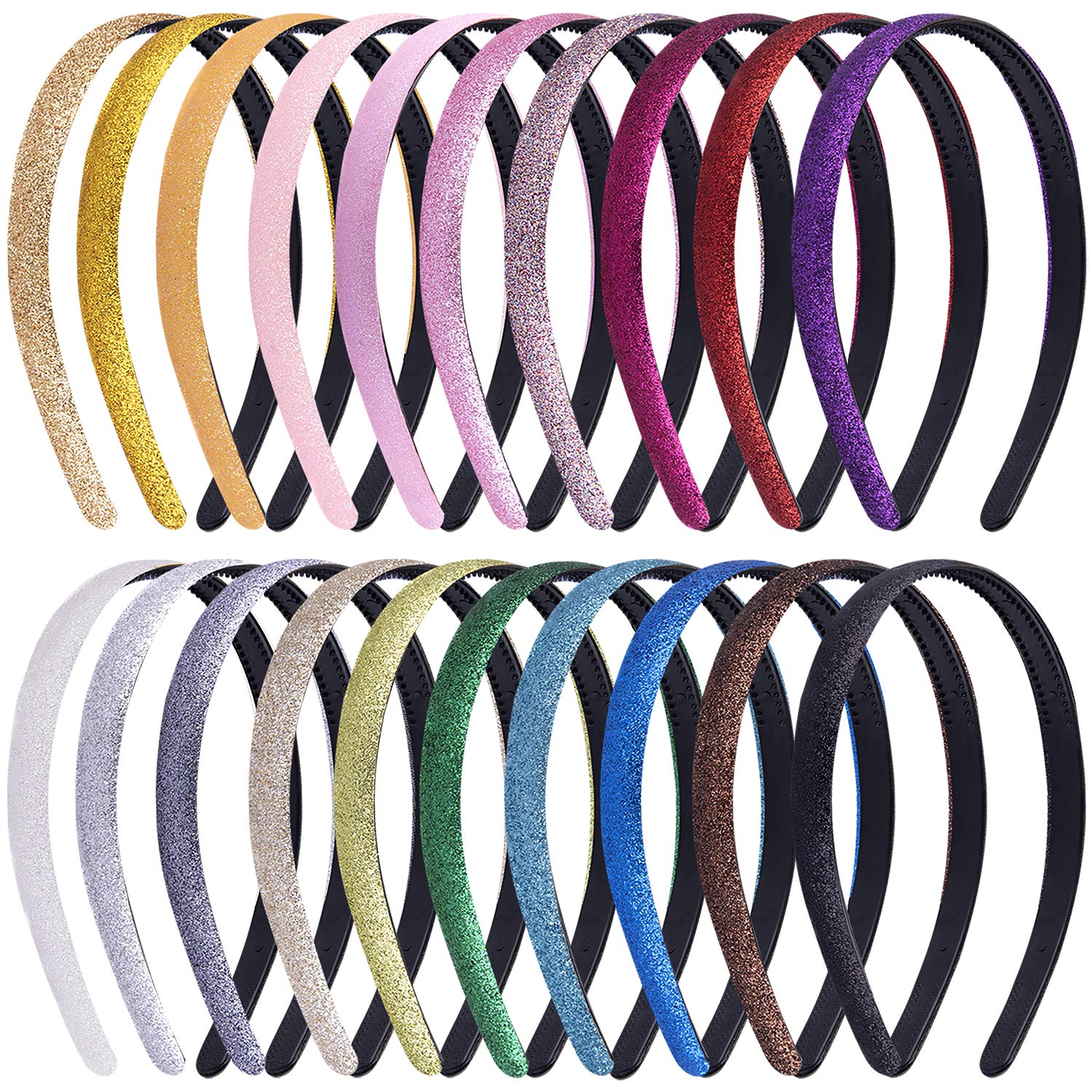 Duufin 20 Pieces Glitter Headbands Colorful Plastic Headbands with Teeth Sparkle Headbands for Girls and Women, 20 Colors
