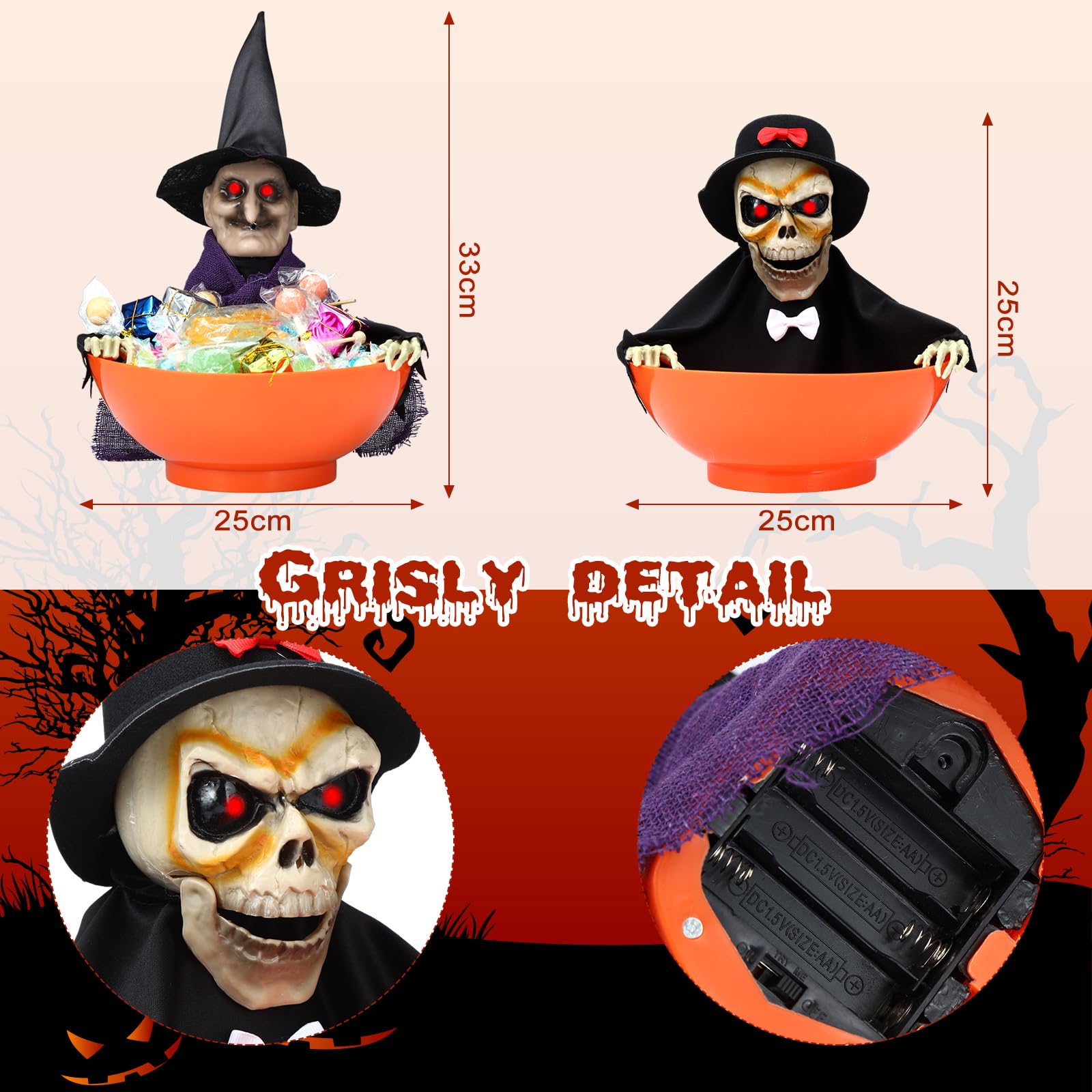 Sliner 2 Pack Halloween Candy Bowl Witch Candy Bowl & Skull Candy Bowl w/ LED Eyes & Creepy Sound (Sound Activated) Trick or Treat, Candy Holder Halloween Party & Easter Decorations (BIO-Sliner-80)