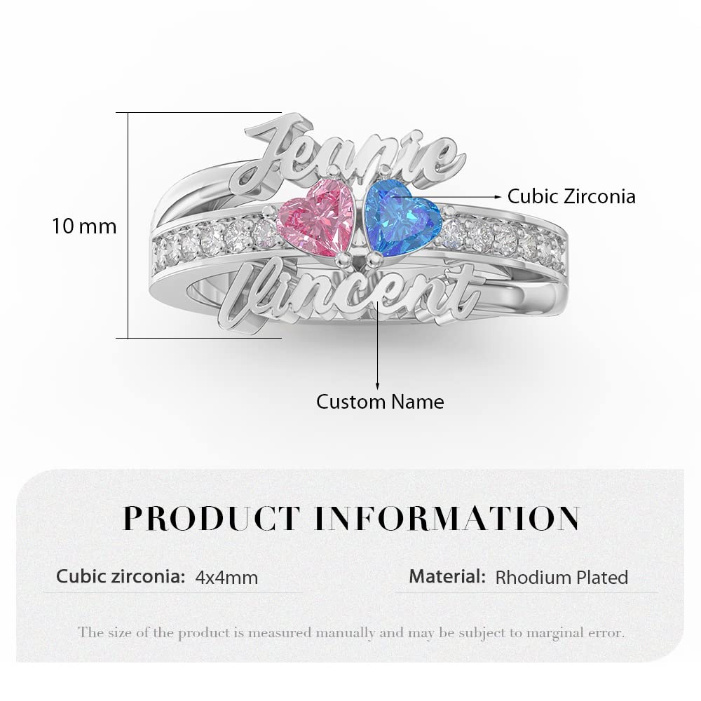 Freedcozy 3D Name Customize Ring with 2 Birthstone, Rhodium Plated Personalized Jewelry Ring for Mom Women Lady Girl Her Birthday Gift (Ring A)
