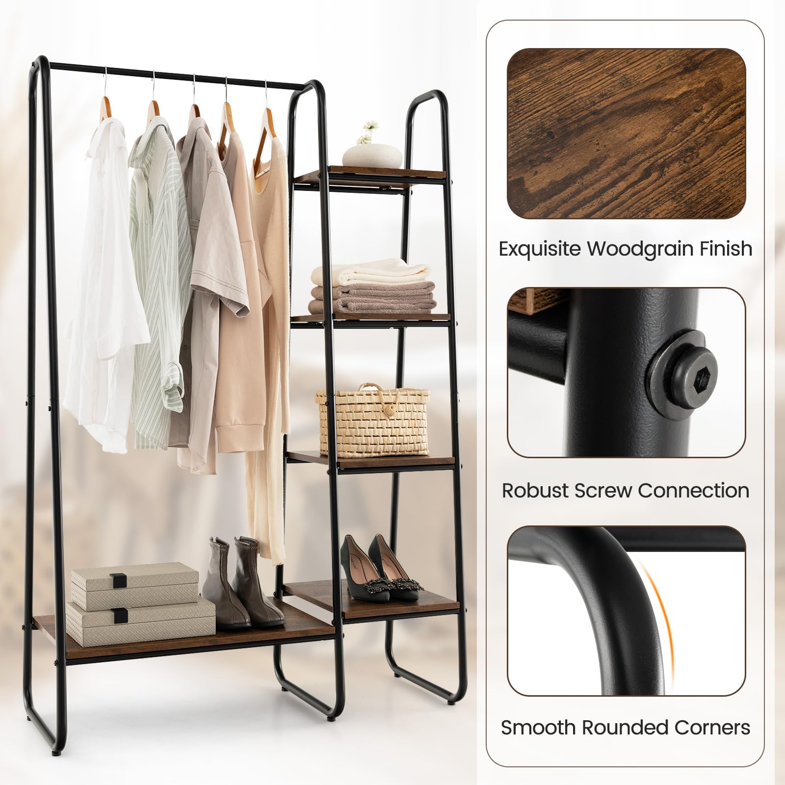 Tangkula Garment Rack with Shelves, Clothes Rack with 5 Shelves & Hanging Bar, Open Wardrobe for Hanging Clothes and Storage, Free Standing Closet Organizer, Clothing Rack for Bedroom Entryway