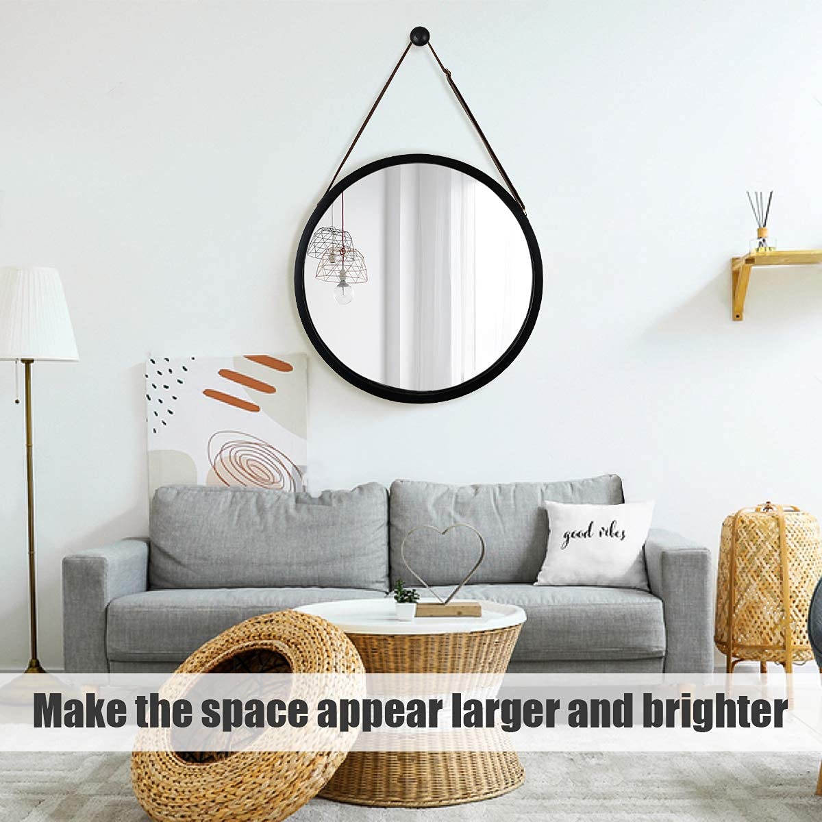 Domax Round Wall Mirror- Black Circle 18 Inch Mirror Bamboo Frame with Adjustable Hanging Leather Strap for Bedroom Bathroom Living Room Entryway Vanity