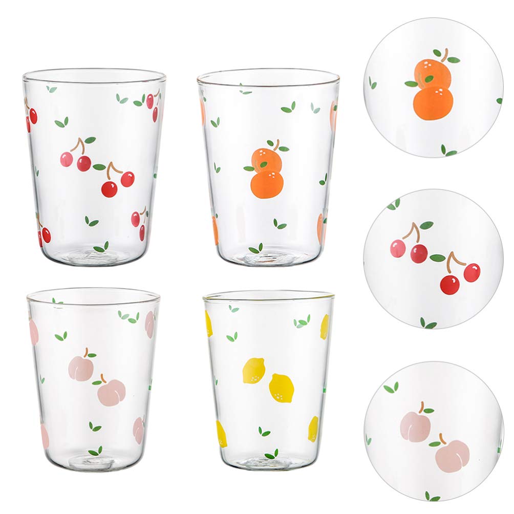 Hemoton 4pcs Glass Coffee Cups Drinking Glasses Glass Mugs with Fruit Pattern for Drinks Water Juice Beer Cocktail(Random Pattern)
