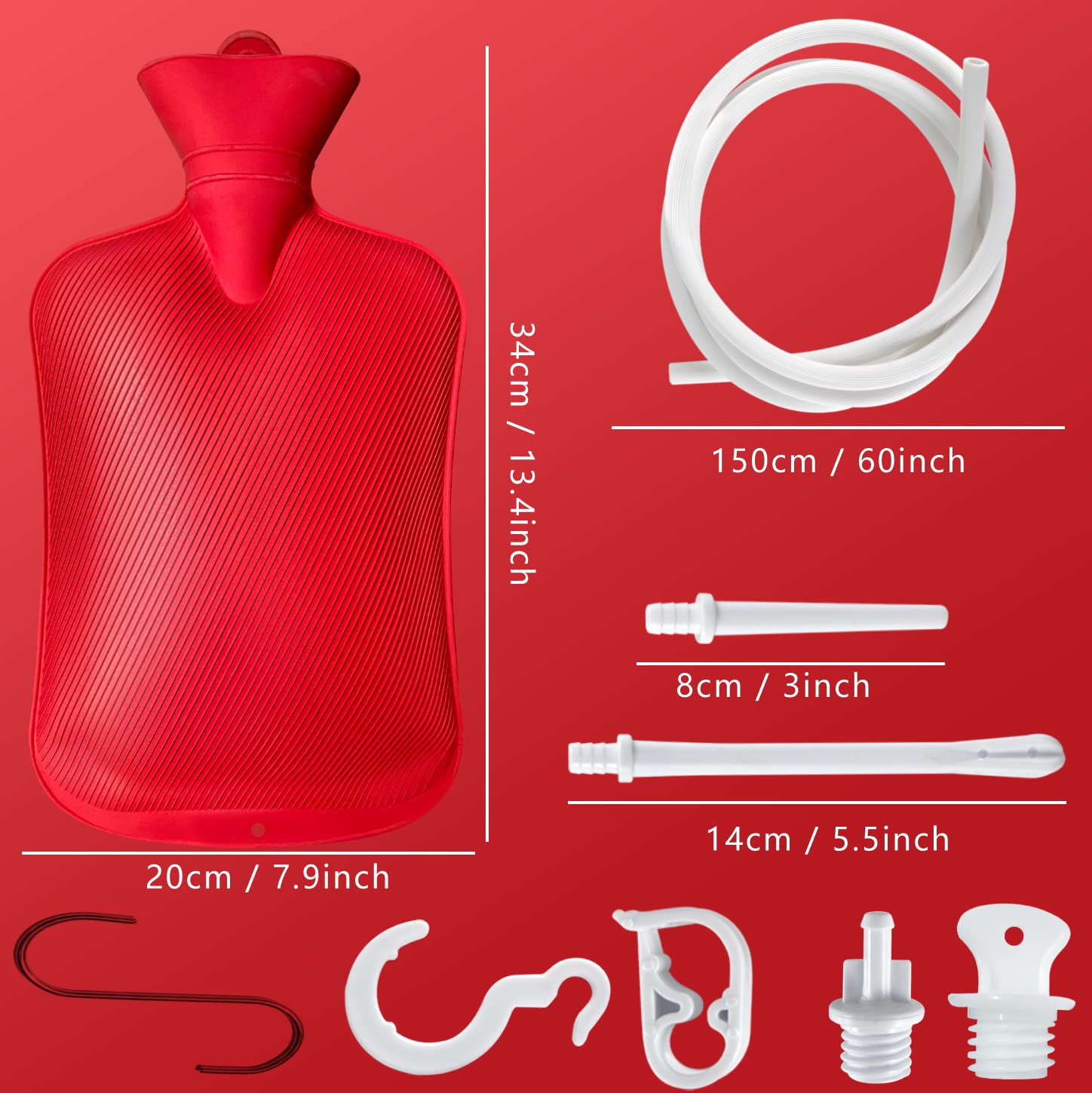 Enema Bag 2L Home Enema Kit with 2 Enema Tips,60 inch Long Silicone Hose, Controlable Water Flow Valve, Hot-Water Bottle for Colon Cleansing Enemas for Women/Men(Red)