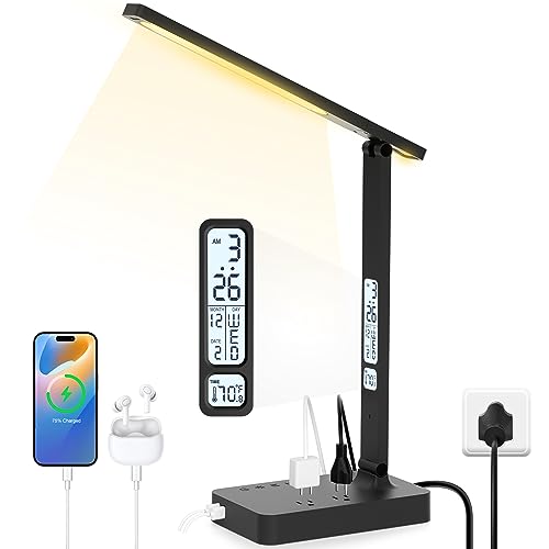 LED Foldable Desk Lamp with 2 USB Charging Port & 2 AC Power Outlets, 5 Color& 5 Brightness.Touch Control Dimmable Office/Home Timer Table Lamps with Clock, Alarm, Date, Temperature, Night light.