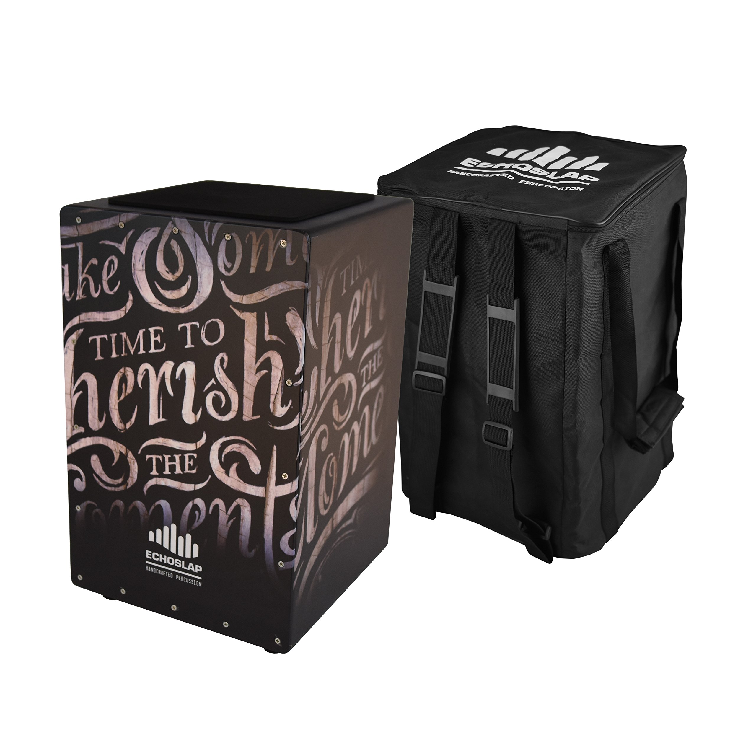 Echoslap GFX Ship Cajon, Black, Hand Crafted, 21 Coiled Snare Wires, Deep Bass, Maple Frontplate, Hardwood Body + Free Gig Bag