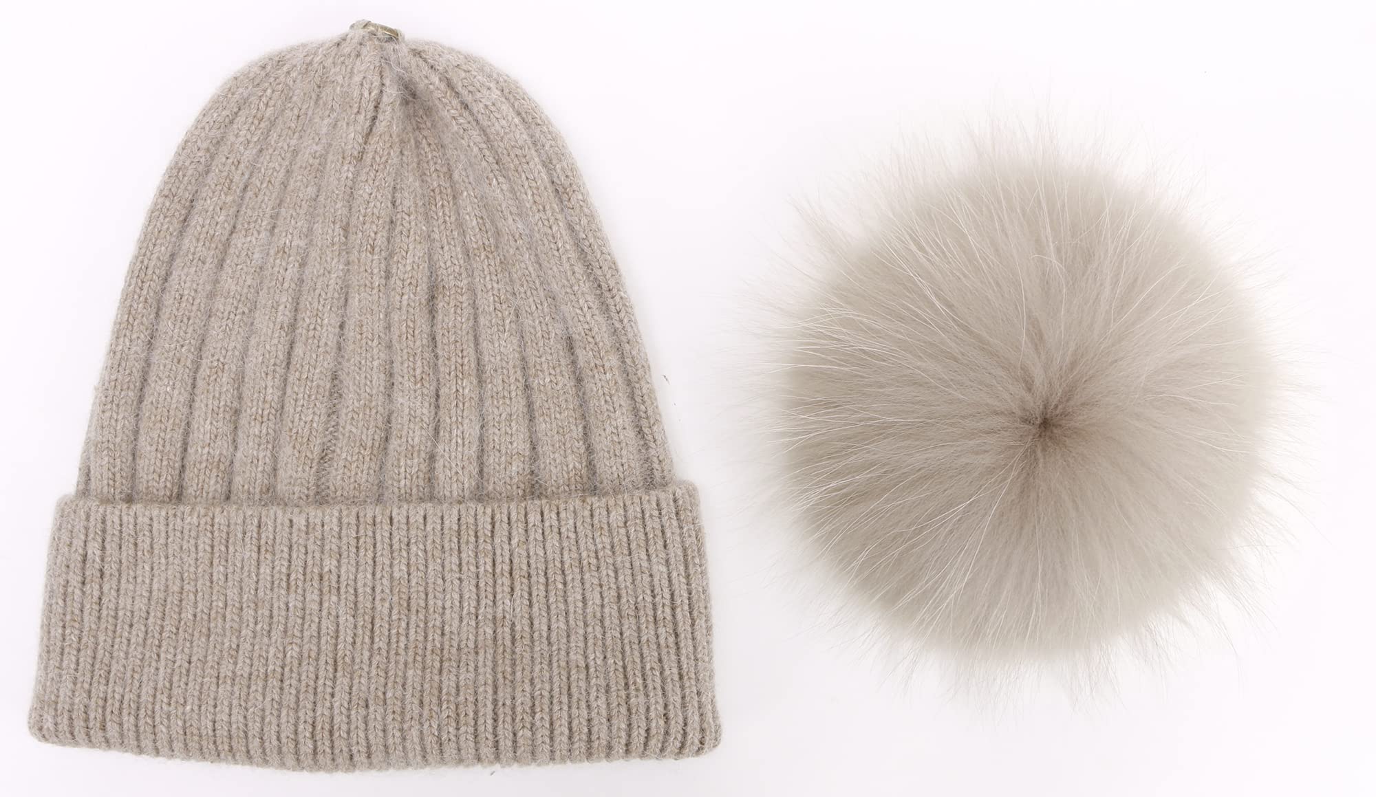 EASTER BARTHE Women Cashmere Cuffed Beanie Warm Winter Fox Fur Pompom Knit Beanie Hat Stocking Cap Ski Hat (Khaki)