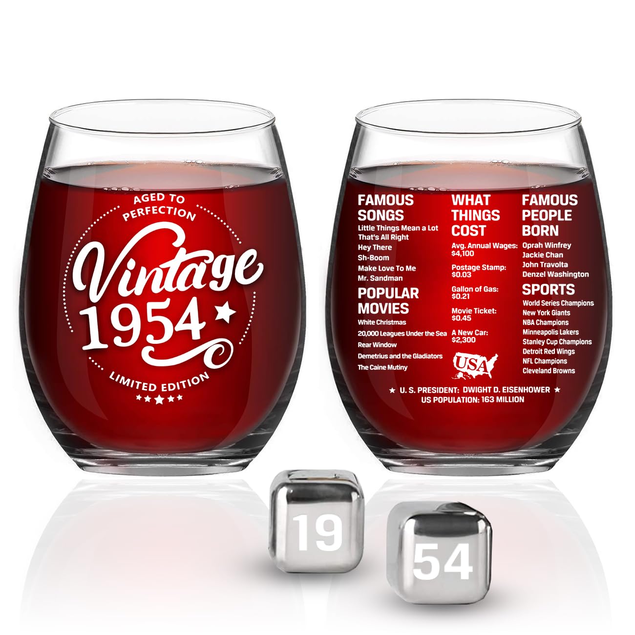 Greatingreat 1954 Old Time Information 70th Birthday Gifts for Women Men - 1954 Vintage 15 oz Stemless Wine Glass - 70 Year Old Birthday Party Decorations - Seventy Class Reunion Ideas