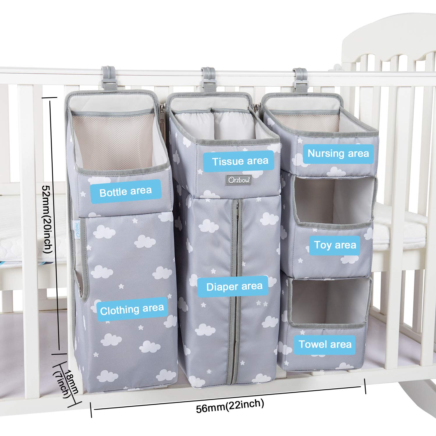 IvyWind Hanging Diaper Caddy For Baby Essentials | Crib Organizer No Sagging | Diaper Organizer for Changing Table, pack n play, Wall(Gray)