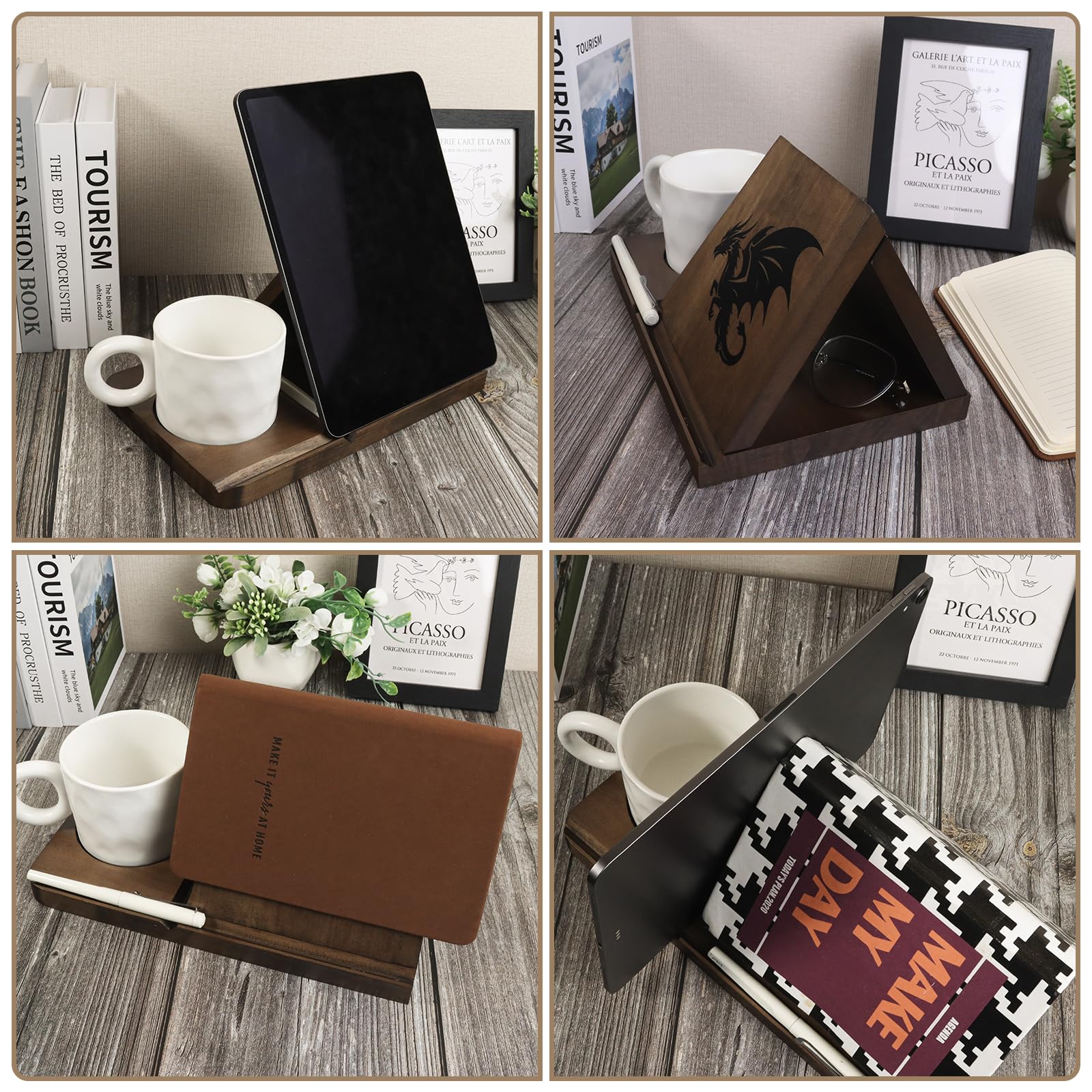 Small Bookshelf - Triangle Book Holder, Wood Mini Book Shelf for Reading Nook, Gifts for Book Lovers, Small Bookcase with Dragon Decor for Bedroom Nightstand, Office Desk, Library or Table