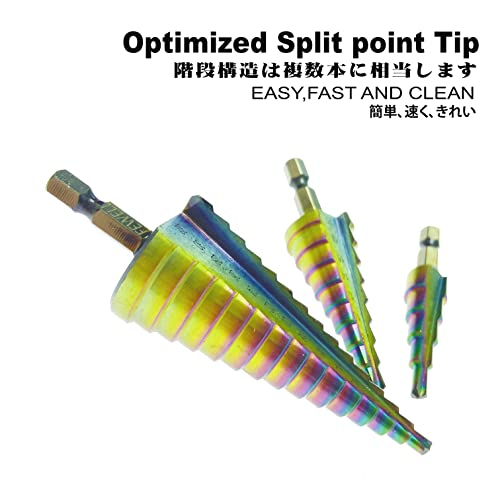FEWELL M2 Titanium Step Drill Bits 3 Pieces,Straight Flute Step Bit(4mm—12/20/32mm),Hex Shank Unibit for Metal, Wood, Stainless Steel, Plastic(29 Size)