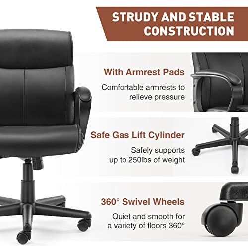 OLIXIS PU Leather, Adjustable Height & Swivel, Black Ergonomic Executive Office, Low-Back Home Computer Desk Chair with Lumbar Support