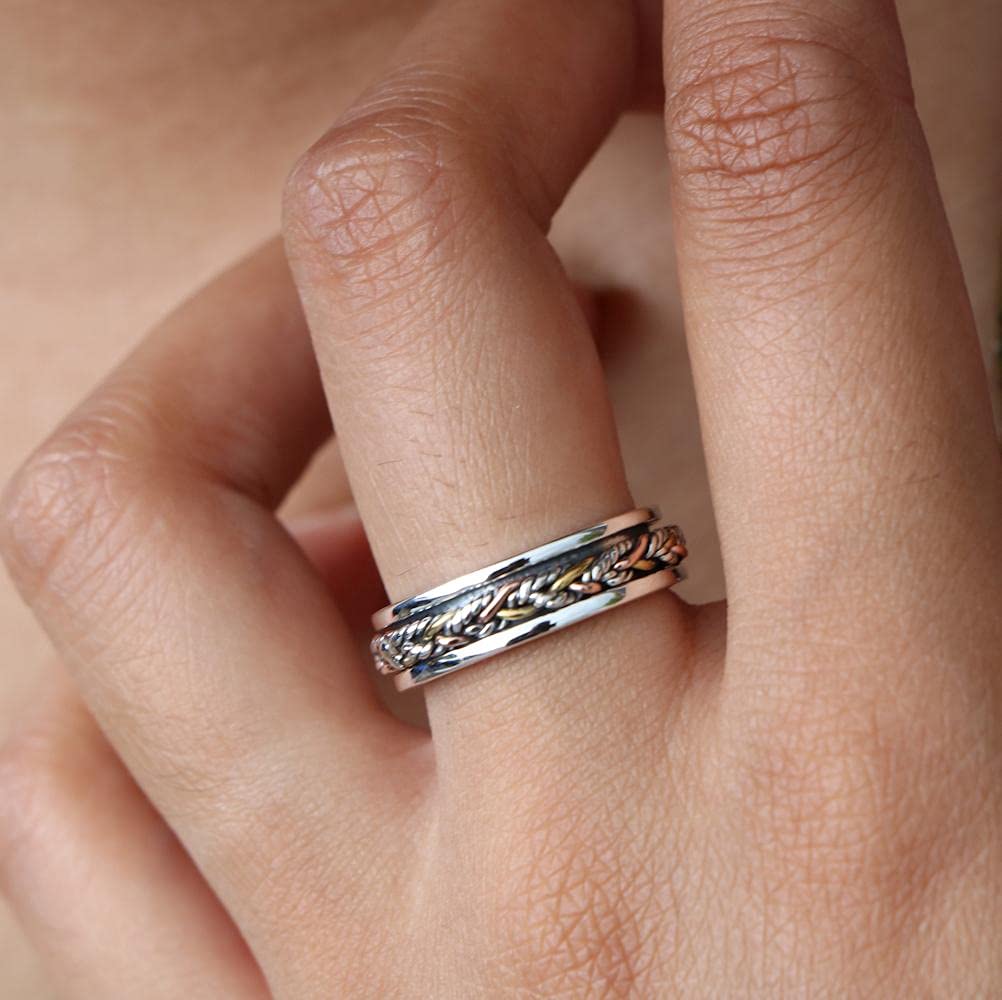 ENERGY STONE Twine 5.5 mm Narrow Band Tri-Color Sterling Silver Meditation Spinner Ring (Style US40) (7)