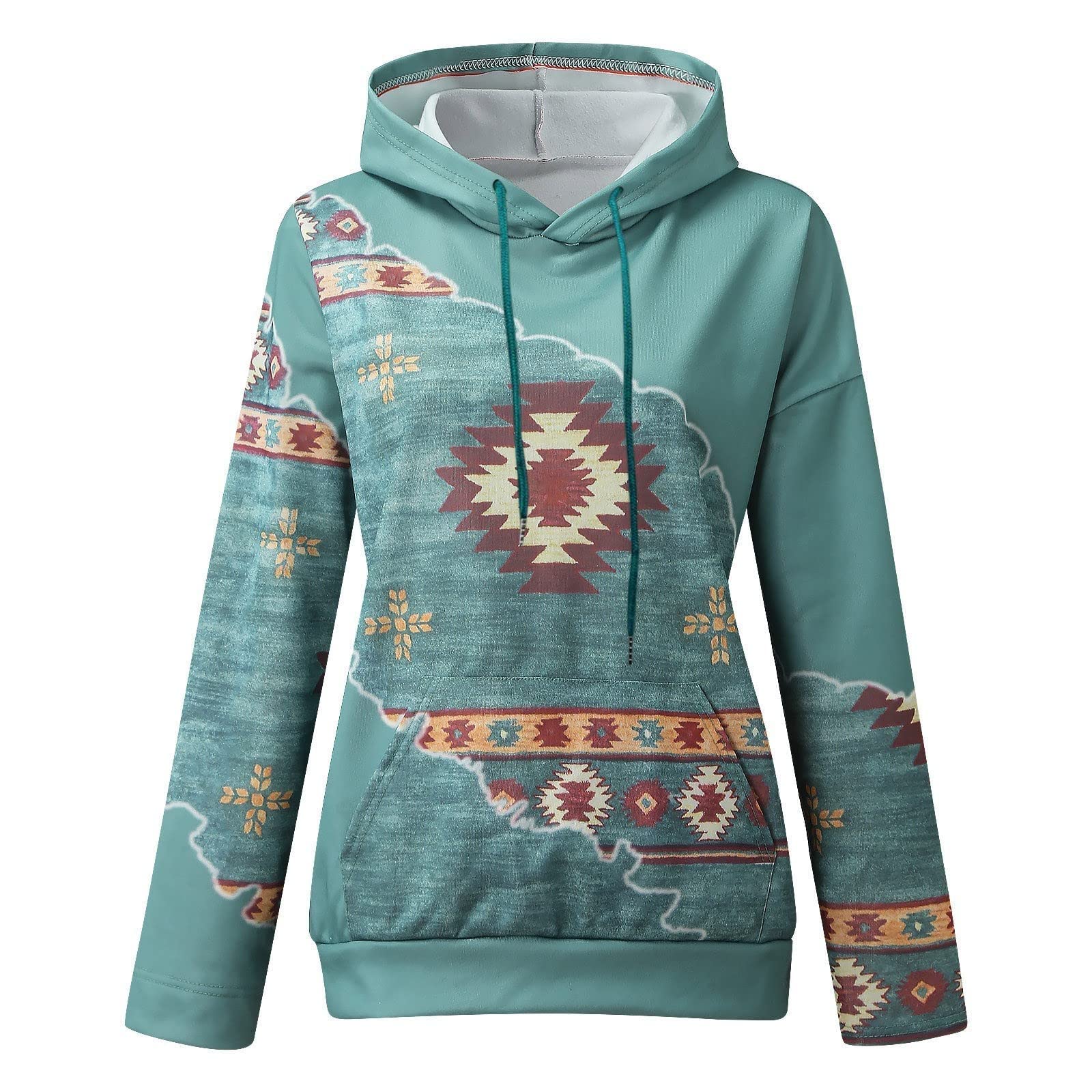 fartey Aztec Hoodie for Women Western Ethnic Style Printed Casual Drawstring Sweatshirts Geometric Loose Fit Pullover Tops, 02 Green