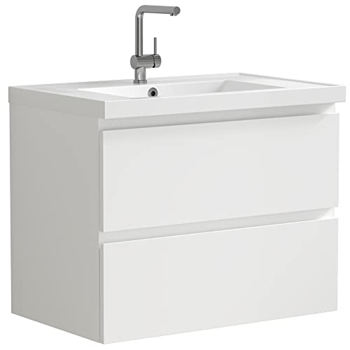 JPND 30" Bathroom Vanity with Sink Combo, Wall Mounted Vanity Base Cabinet with Single Hole Sink and Two Soft Close Drawers, Handle-Free Design, White (Faucet and Drain not Included)