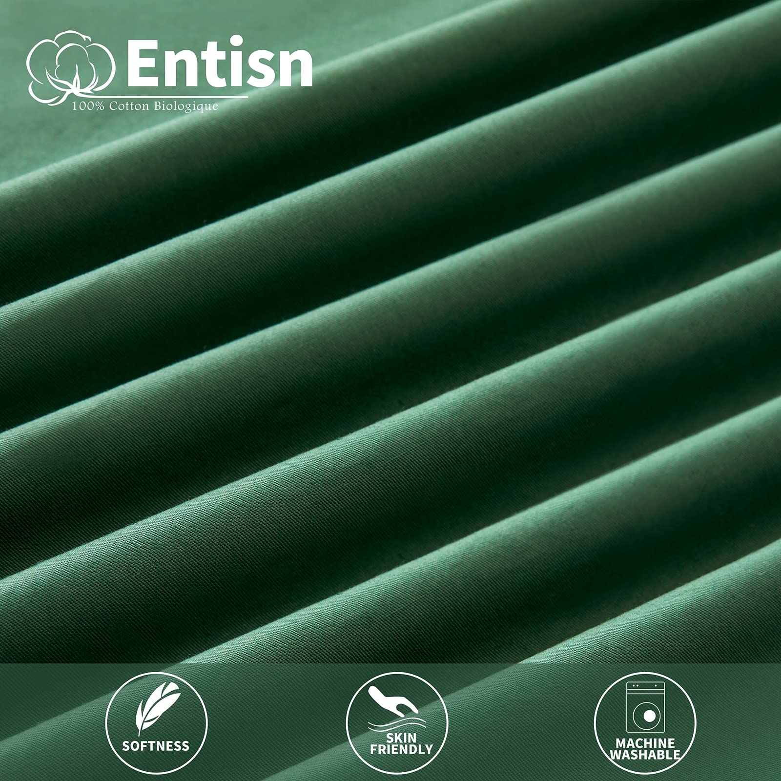 Entisn 4pcs 600 Thread Count 100% Cotton Sheets for Queen Size Bed, Dark Green Bedding Sheets & Pillowcases, Hotel Luxury Bed Sheet with Elasticized 16" Deep Pocket, Ultra-Soft & Silky Sateen Weave
