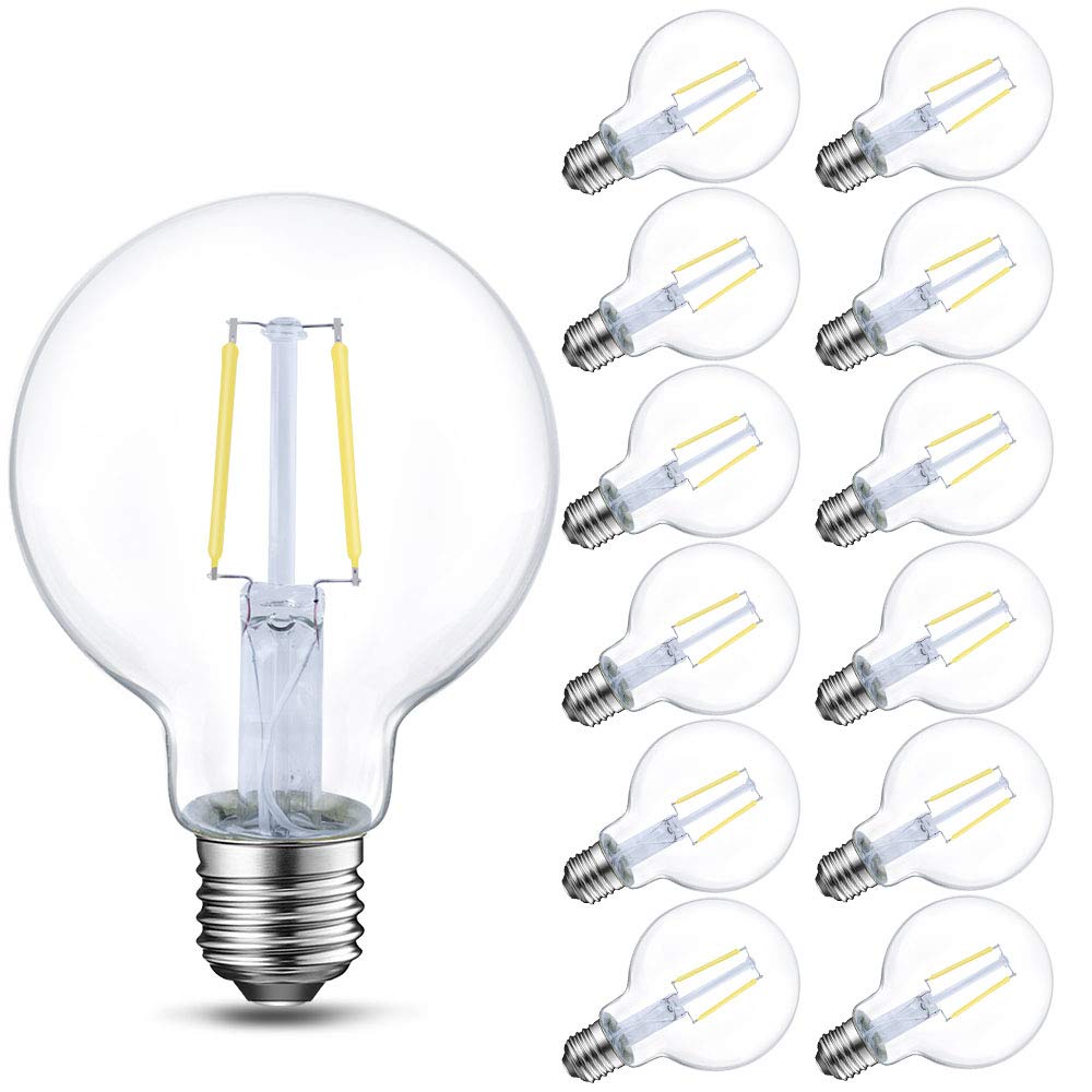 Energetic 12-Pack LED Globe G25 Dimmable Edison Light Bulb, 40 Watt Equivalent, 5000K,350LM, E26 Medium Screw Base, Christmas Light, G80 LED Edison Light Bulb, UL Listed…