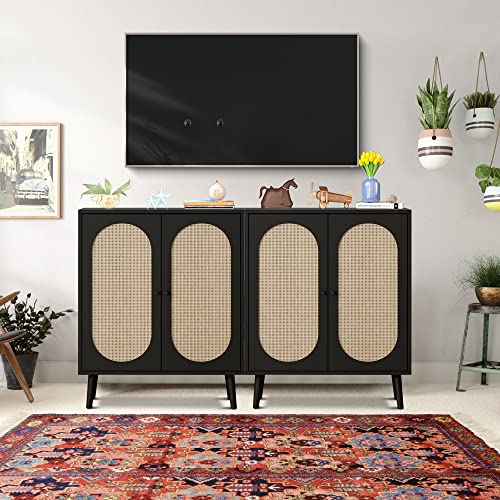 Sideboard Buffet Cabinet, Kitchen Storage Cabinet with Rattan Decorated Doors, 4 Doors Console Table Buffet Cabinets with Adjustable Shelves for Kitchen Dining Room Living Room Hallway(Black,2 Sets)