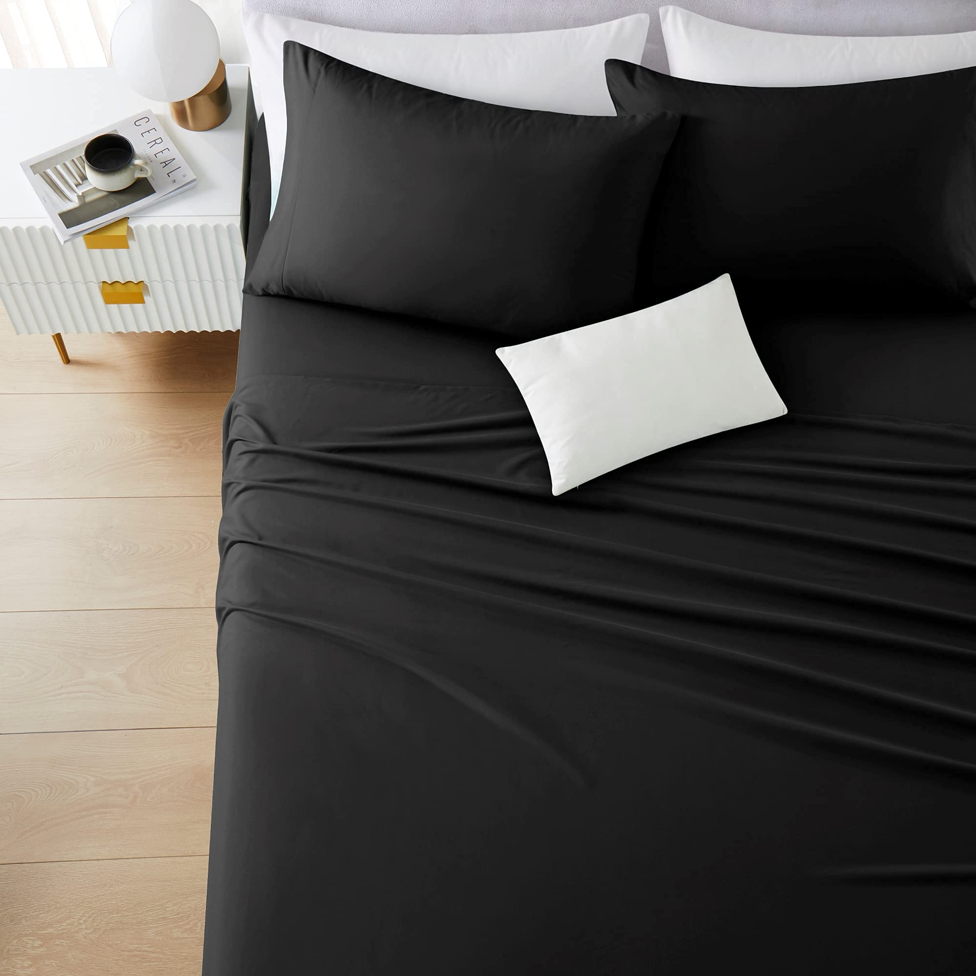 Entisn 4pcs Brushed Microfiber Sheet King Size Sets, 1800 Thread Count Ultra-Soft Egyptian Quality Bed Sheets, Black Luxury Bedding Sheets with 16" Deep Pockets, Breathable & Cozy & Anti-Wrinkle