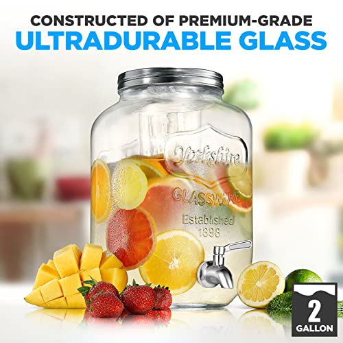 NutriChef 2-Gallon Glass Beverage Dispenser - Mason Jar Style Drink Container Jug w/Stainless Steel Spigot & Plastic Ice Infuser, Wide Mouth Easy Filling, 100% Leak-proof Lid, For Party or Daily Use