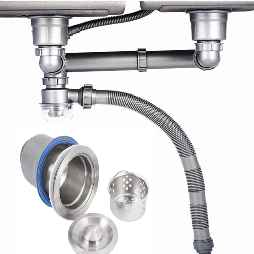HTDAK Kitchen Dual Sink Installation Plumbing, Expandable Sink Drain Kit, Universal Kitchen Drain Kit, 3-1/2''Sink Expandable Drain, Silver, 13.78×13.78×5.90