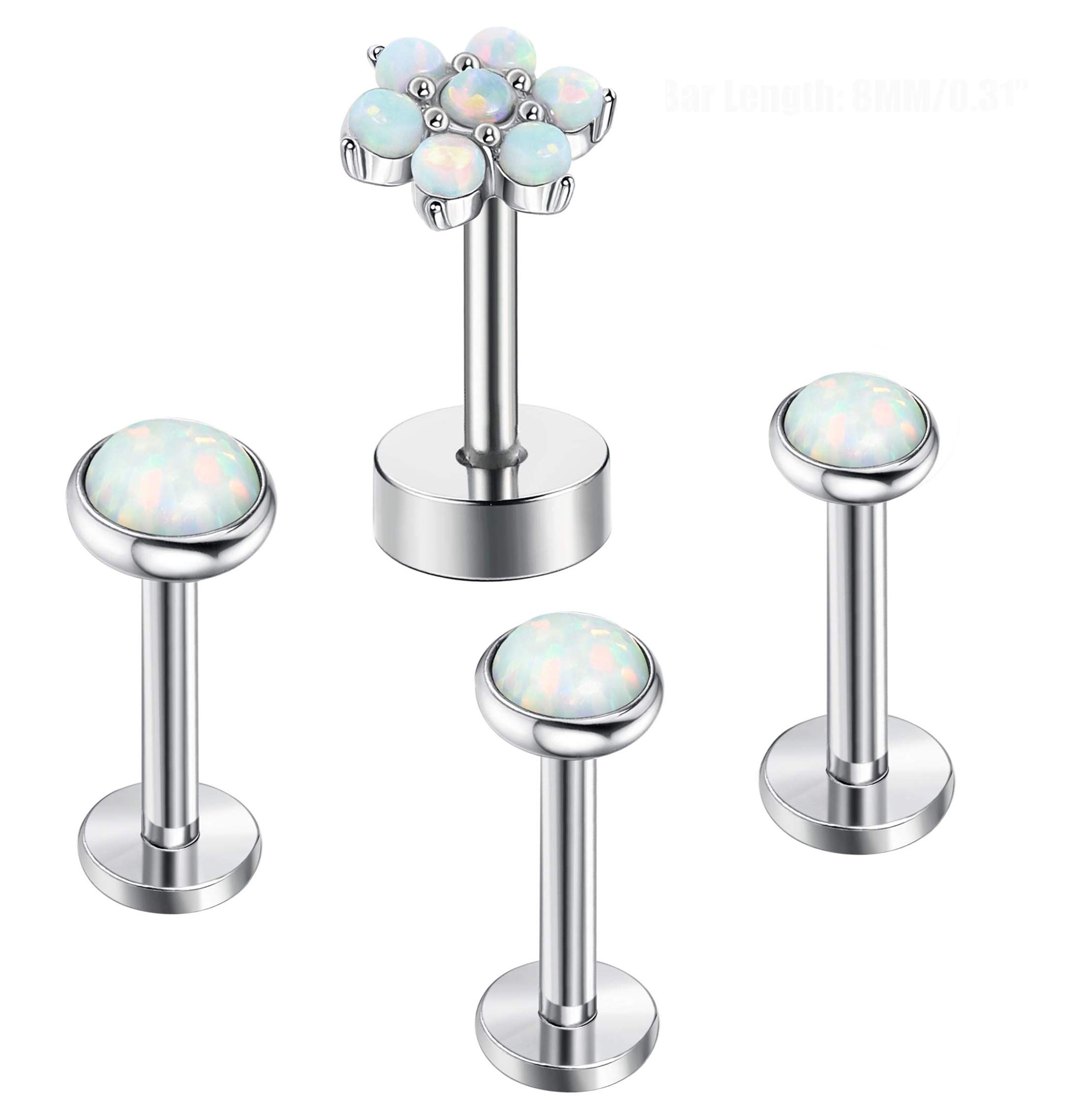 FIBO STEEL 4 Pcs 16G Stainless Steel Cartilage Stud Earrings for Women Opal Targus Helix Daith Conch Ear Piercing Jewelry 6mm