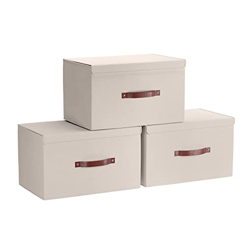 Ornavo Home 3 Pack Collapsible Storage Bins with Lid, Foldable Linen Fabric Shelf Storage Basket Closet Organizer and Large Storage Box for Clothes with Leather Handles, 15 x 10 x 9, Beige