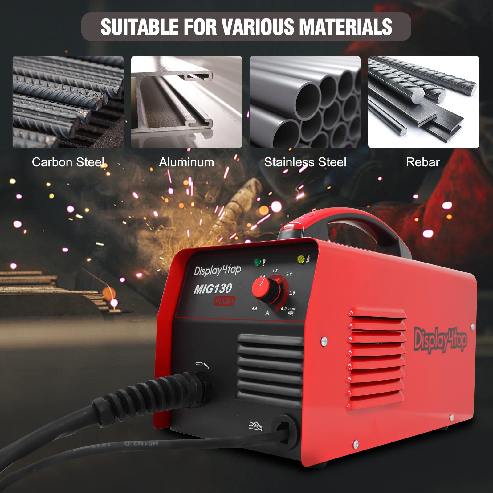 display4top Mig Welder, 130A Portable Welding Machine, Flux Core Wire Welder, MIG 130 Automatic Feed Welding Machine Equipment with Mask - 110V (red)
