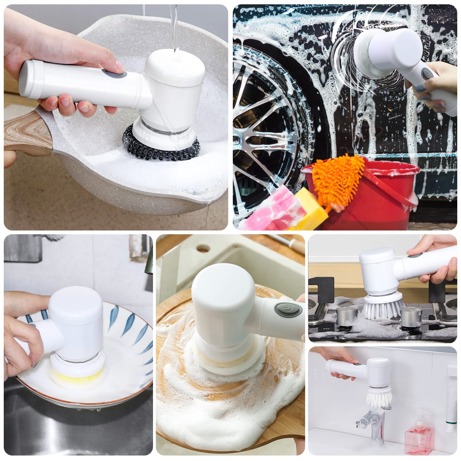 LEKISHE 2 PCS Replacement Heads for Electric Cleaning Brush Electric Spin Scrubber, Soft Flat Brush, Wire Brush, Sponge Brush, Scouring Pad Brush Head Set
