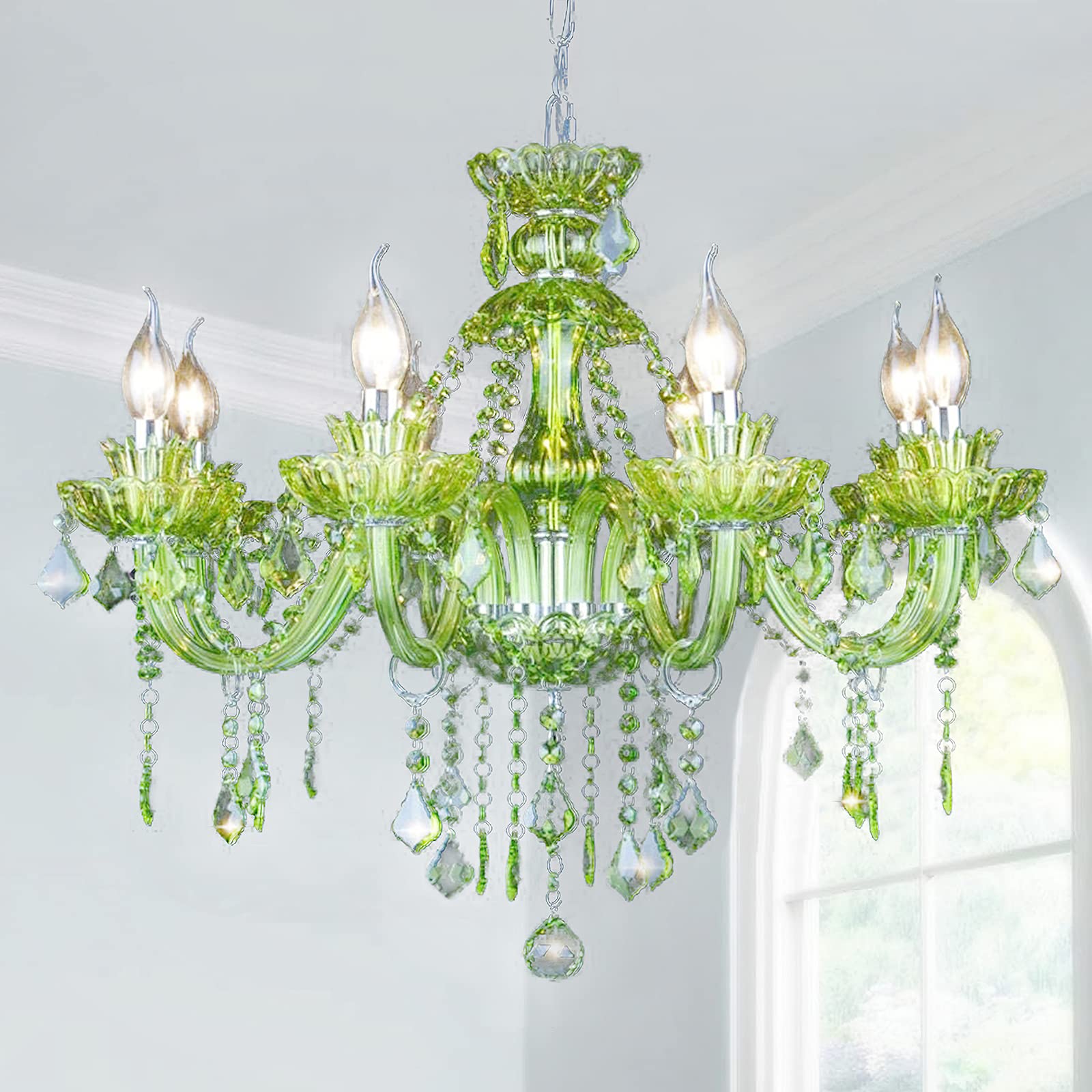 Green K9 Crystal Candle Chandeliers Lighting Modern Pendant Lights Ceiling Fixture Lamp for Dining Living Room Bedroom Hallway Entry Elegant Decoration 8 Lights E12 Base, H20.5 x W28.3 Inch (Upgraded)
