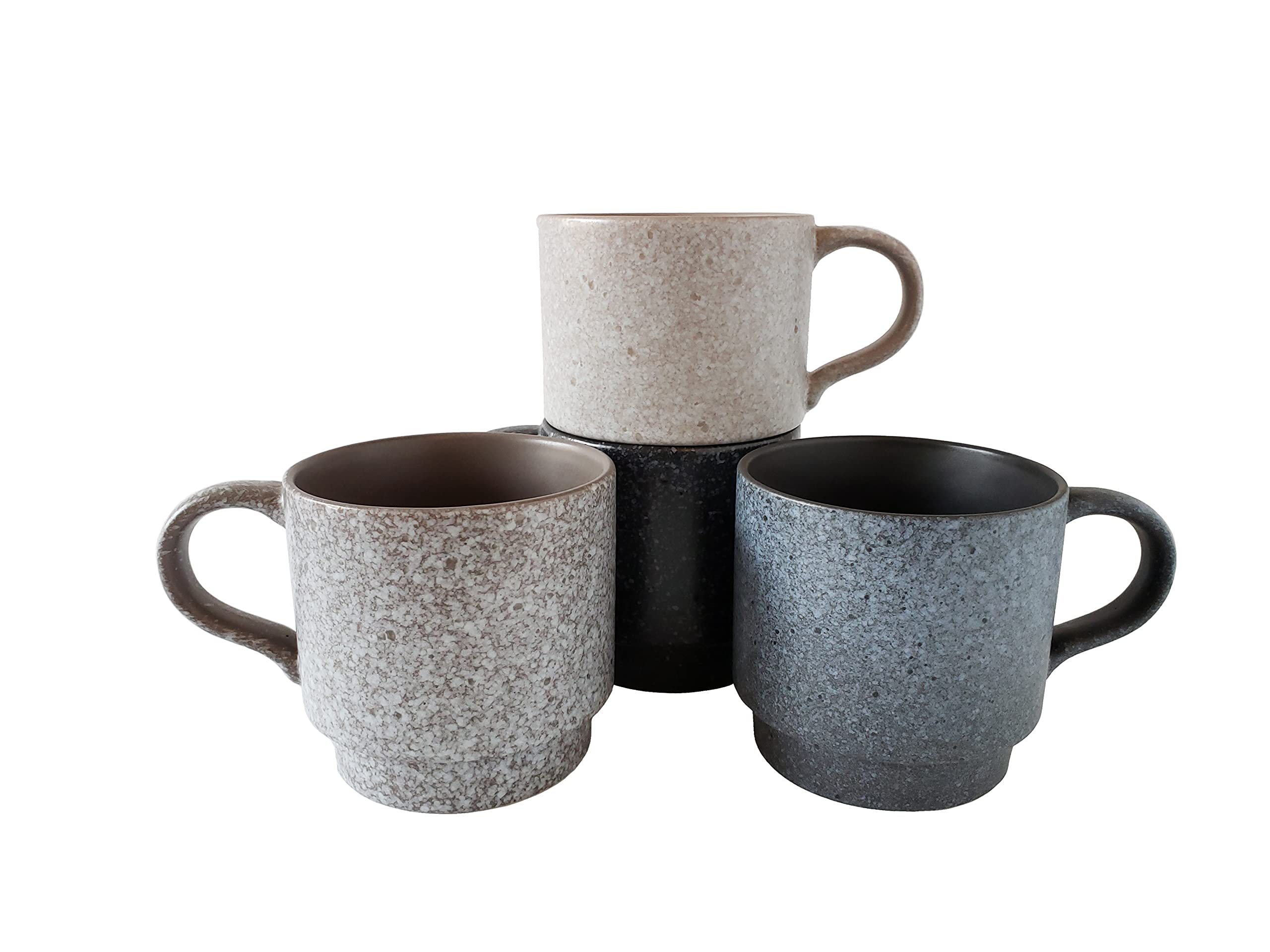 Essential Drinkware 14oz Classic Stackable Ceramic Coffee Mugs, Assorted Colors - Set of 4 Space Saving Durable Stacking Cups with Speckled Finish
