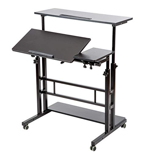 SIDUCAL Mobile Stand Up Desk, Adjustable Laptop Desk with Wheels Storage Desk Home Office Workstation, Rolling Table Laptop Cart for Standing or Sitting, Black