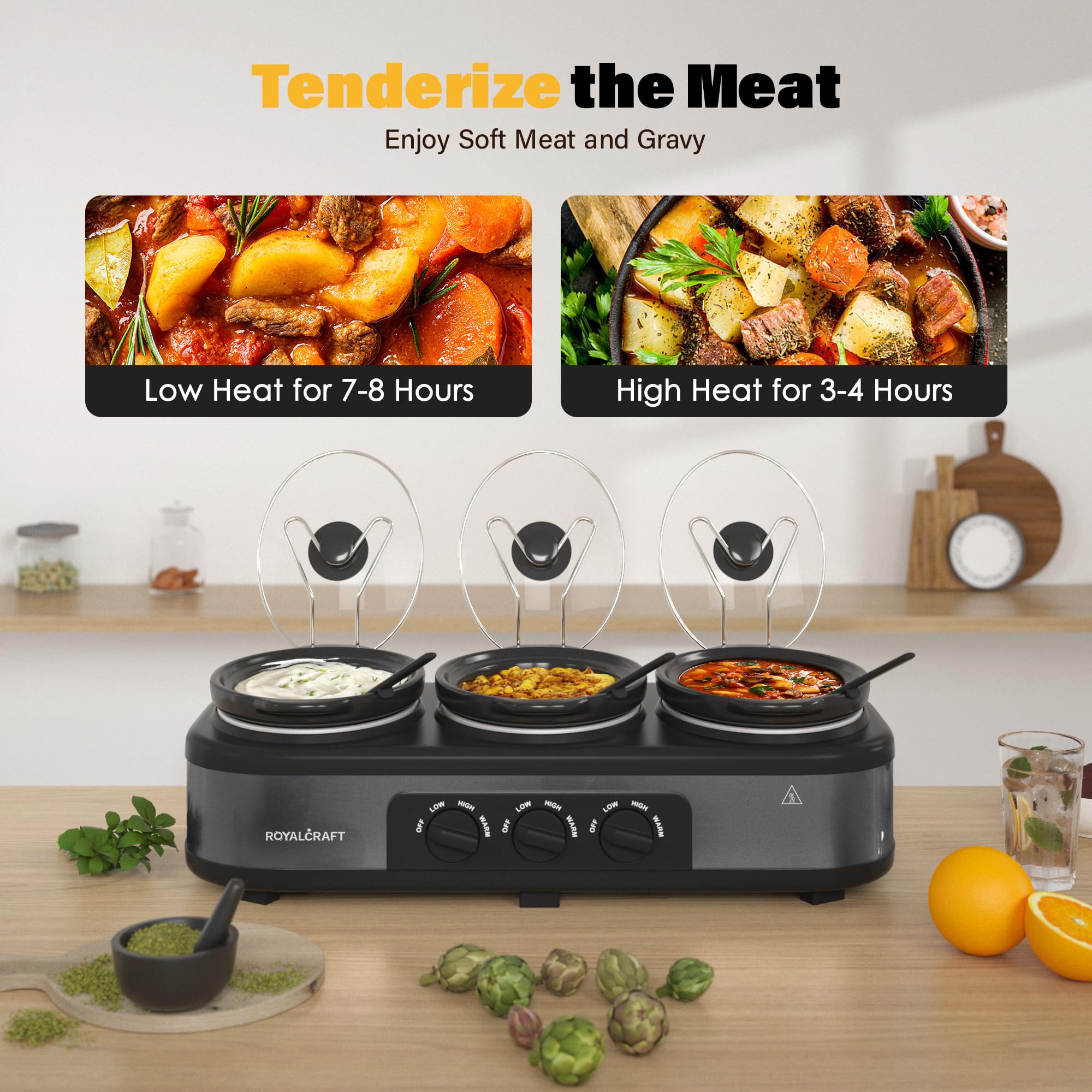 Sunvivi Slow Cooker with 10 Cooking Liners, Triple Slow Cooker Buffet Server 3 Pot Food Warmer for Parties with 3 Spoons & Lid Rests,Adjustable Temp, Total 4.5 QT