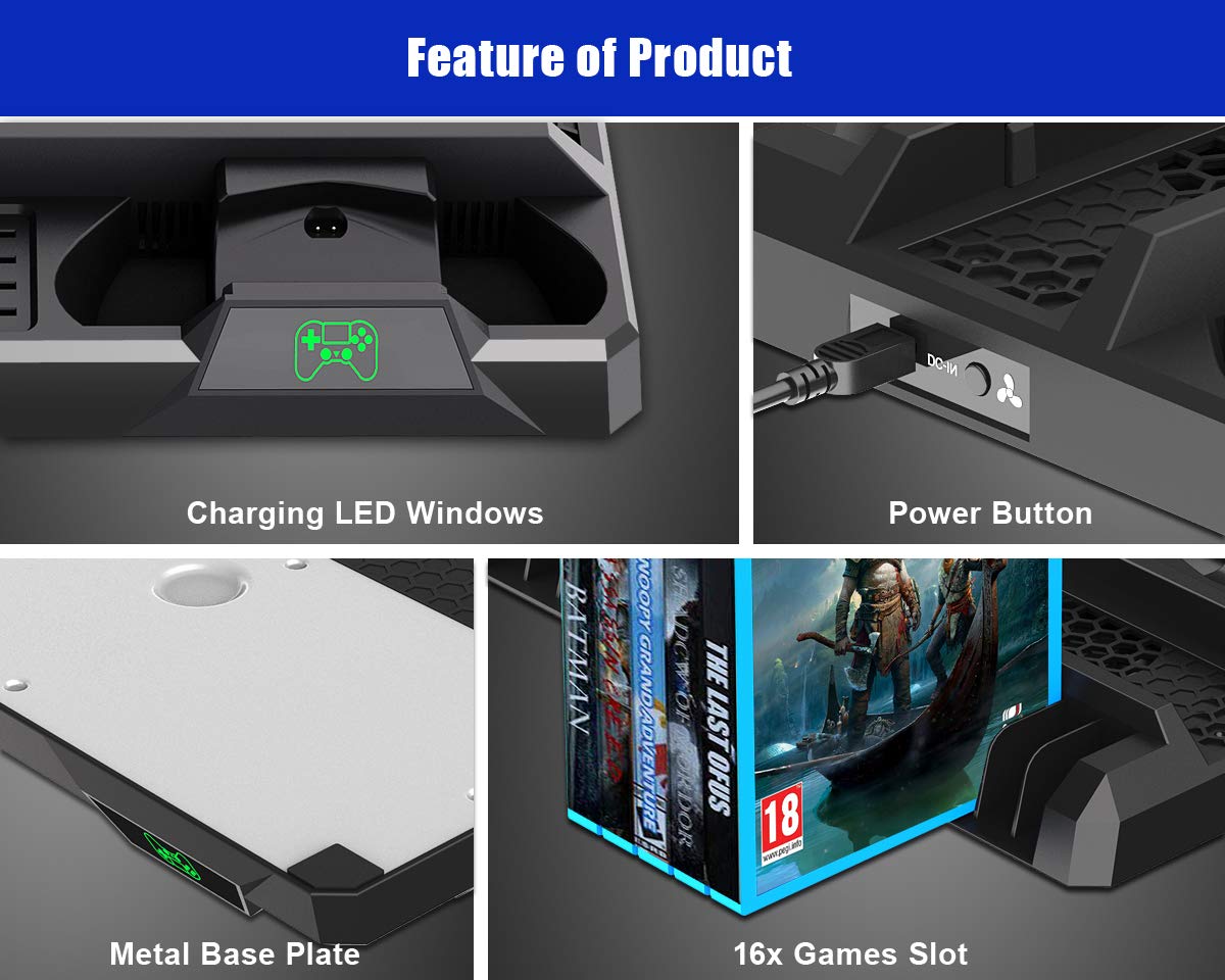 ElecGear Vertical Stand for PS4, Charging Station with Cooling Fan, Charger Dock for DualShock 4 Controller, 16x Games Blu-ray Storage Bracket Accessories Kit for Playstation 4, PS4 Pro, PS4 Slim