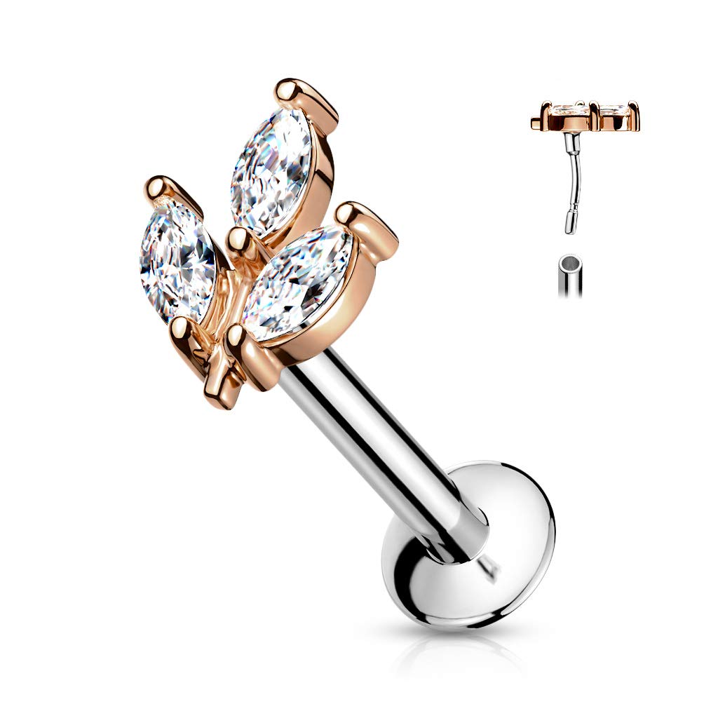 Dynamique 3 Marquise CZ Prong Set Threadless Top 316L Surgical Steel Push in Style Labret, Flat Back Stud (Sold Per Piece)
