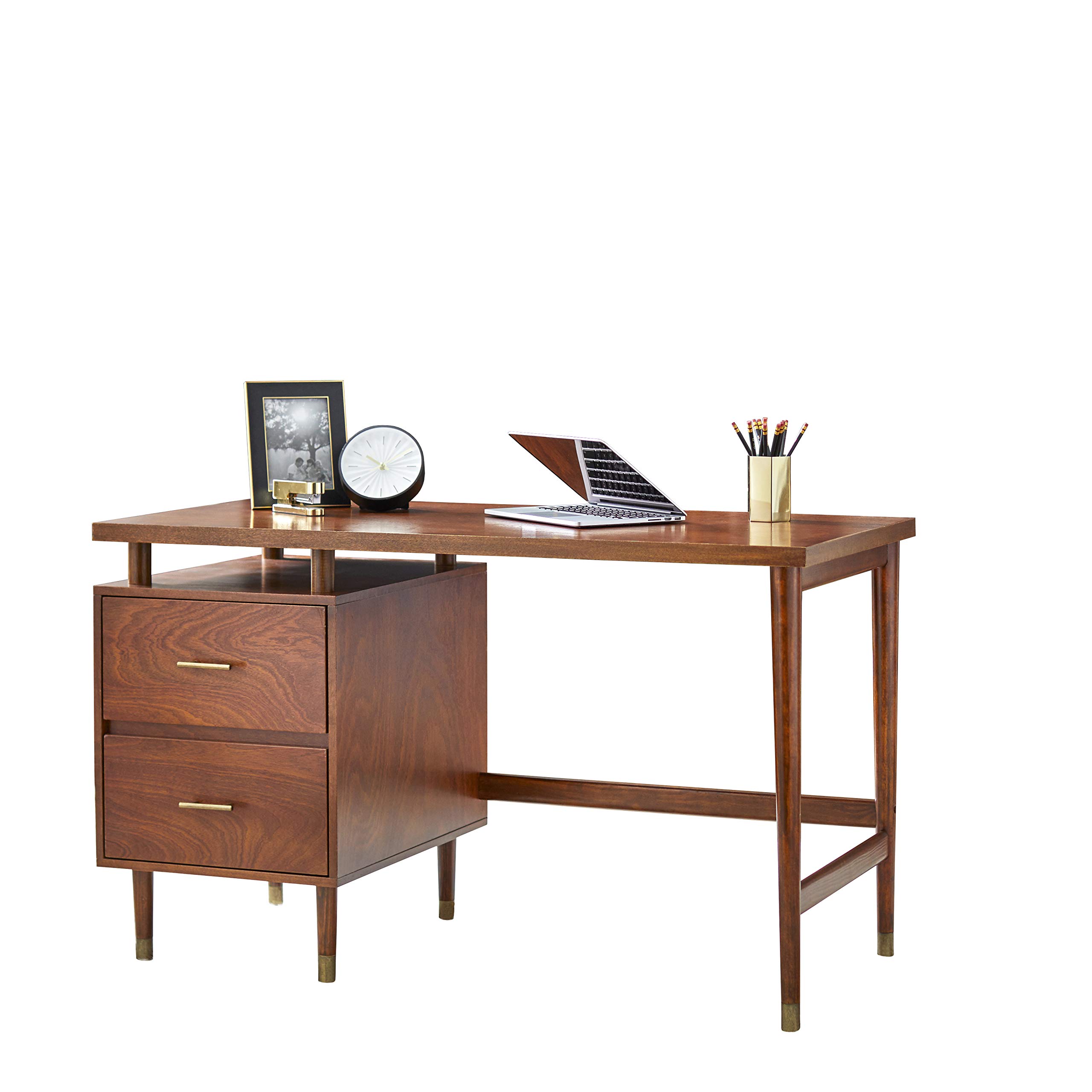 Target Marketing Systems Margo Home Office, Study Room, Vanity or Bedroom, Computer Elevated Table Top and 2 Spacious Drawers, Mid-Century Style Desk with Storage, 50” x 24”, Walnut