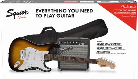 Fender Squier Stratocaster - Sunburst Bundle with Frontman 10G Amp, Gig Bag, Instrument Cable, Strap, Picks, Fender Play Online Lessons, Instructional Book, and Austin Bazaar Instructional DVD