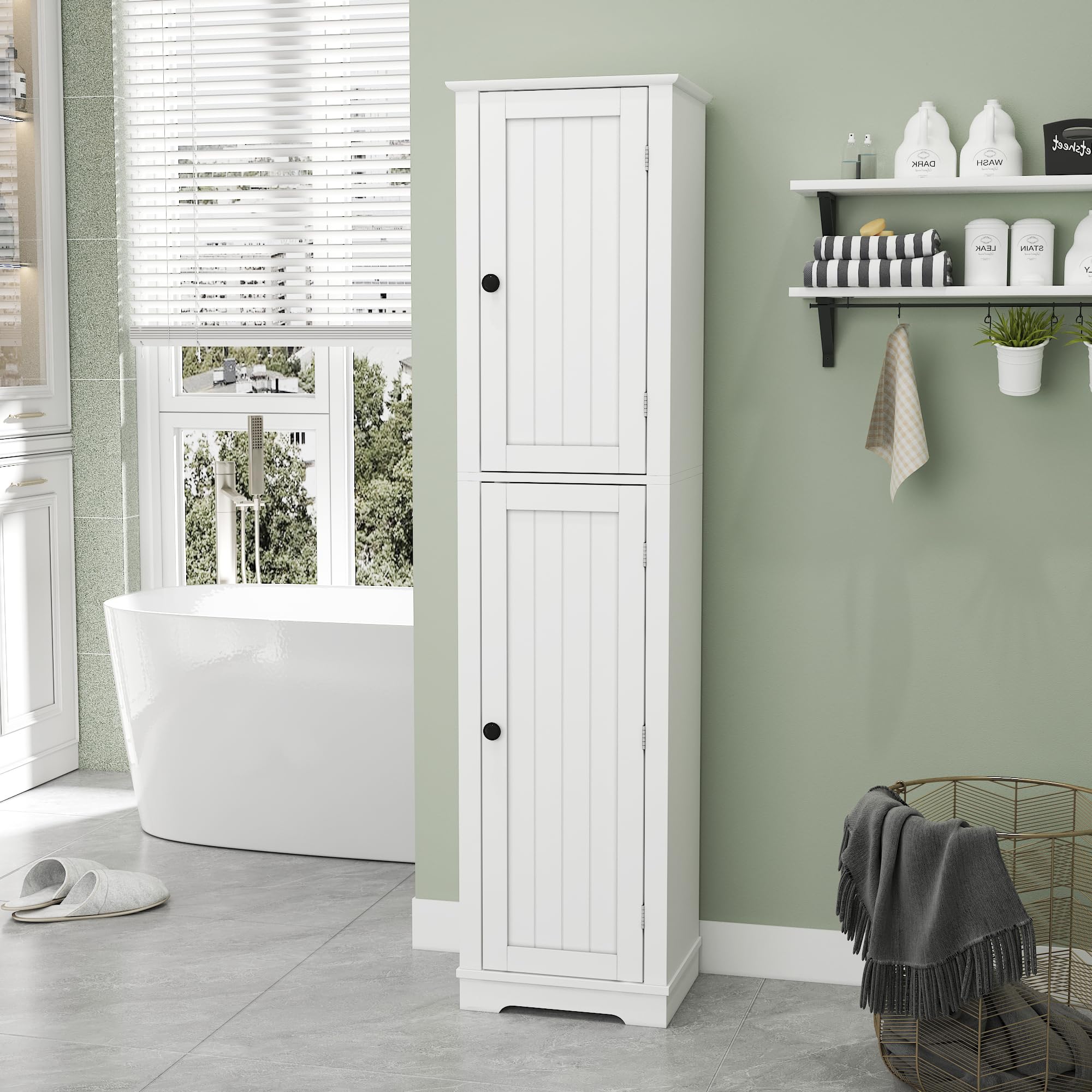 Function Home Modern Storage Cabinet, Free-Standing Floor Cabinet, Bathroom Cabinet with Adjustable Drawers, Open Shelf and Two Doors, Wooden Cupboard for Home, Living Room, Kitchen, Bedroom in White