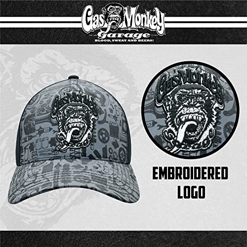 Gas Monkey Garage Concept One Baseball Hat, Reflective All Over Print Adult Snapback Cap with Curved Brim, Black, One Size