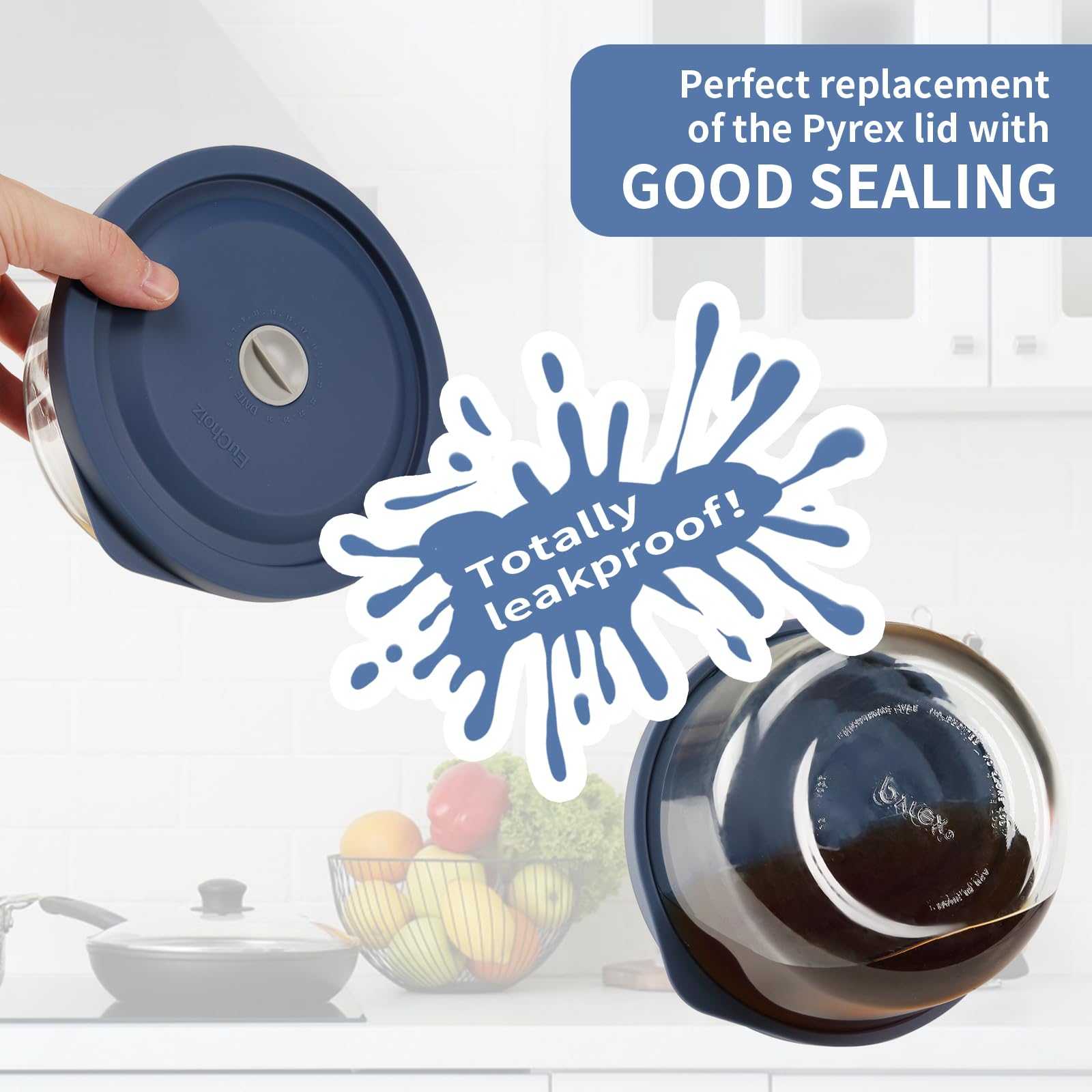 Replacement Lids for Pyrex 7201-PC 4 Cup, Silicone Round Storage Cover Lid for Anchor Hocking Glass Bowl 2 Pack with Date Mark Dark Blue