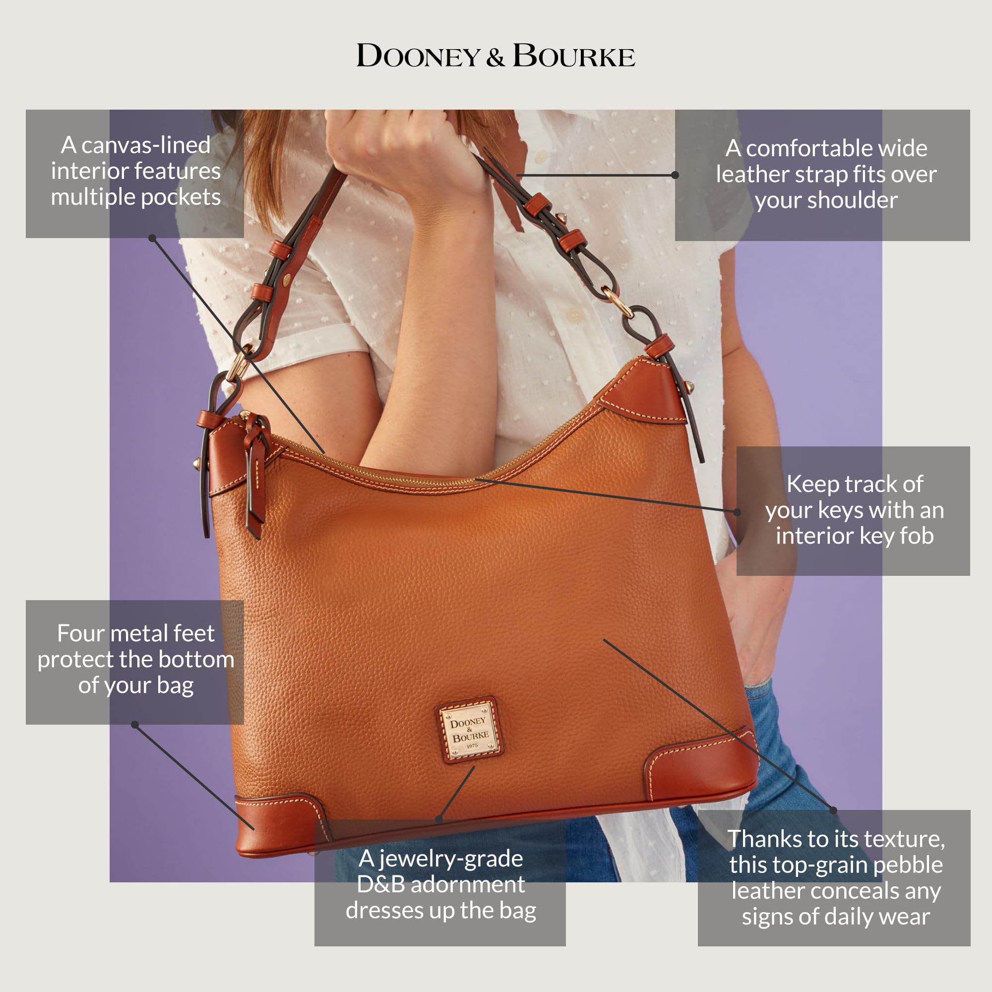 Dooney & Bourke Women's Hobo Shoulder Bag in Pebble Grain Leather, Large Handbag with Adjustable Shoulder Strap, Forest