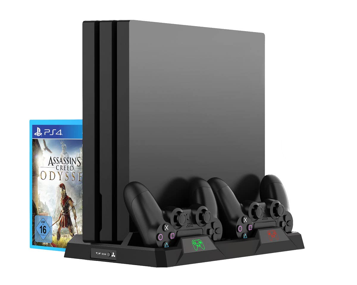ElecGear Vertical Stand for PS4, Charging Station with Cooling Fan, Charger Dock for DualShock 4 Controller, 16x Games Blu-ray Storage Bracket Accessories Kit for Playstation 4, PS4 Pro, PS4 Slim