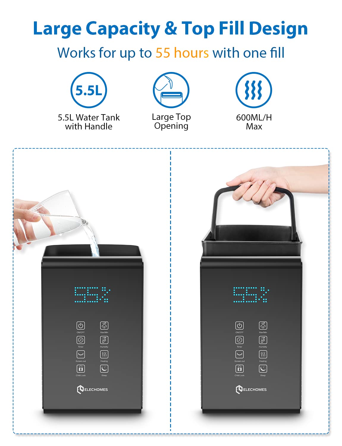 Elechomes Humidifier for Large Room Bedroom Plants, SH8820 Warm and Cool Mist Humidifiers, 5.5L Top Fill Vaporizer with Remote Control, Ultra Quiet, LED Display, Humidity Sensor, Auto Shut-off, Black