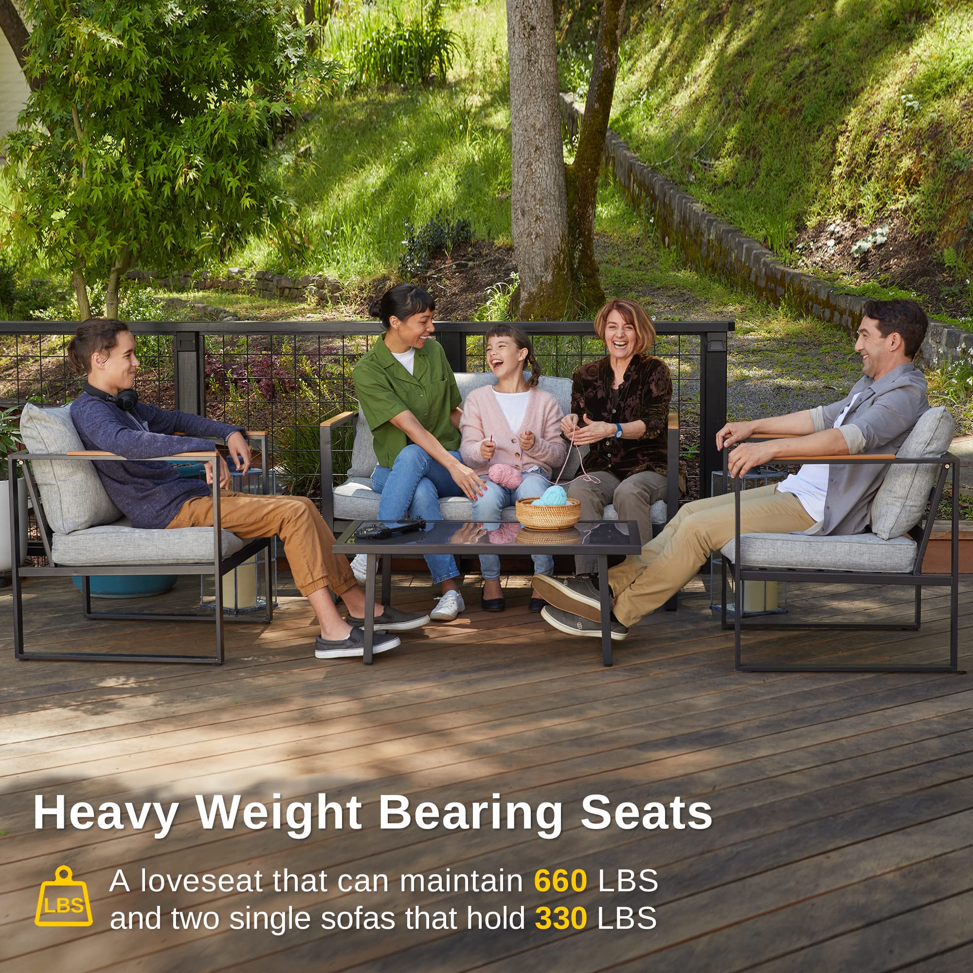 EAST OAK Courtyard Patio Furniture Set, 4-Piece Outdoor Patio Set with Sofa, Removable & Washable Deep Seating Cushion, Tempered Glass Table, Outside Patio Conversation Sets, Black & Light Grey