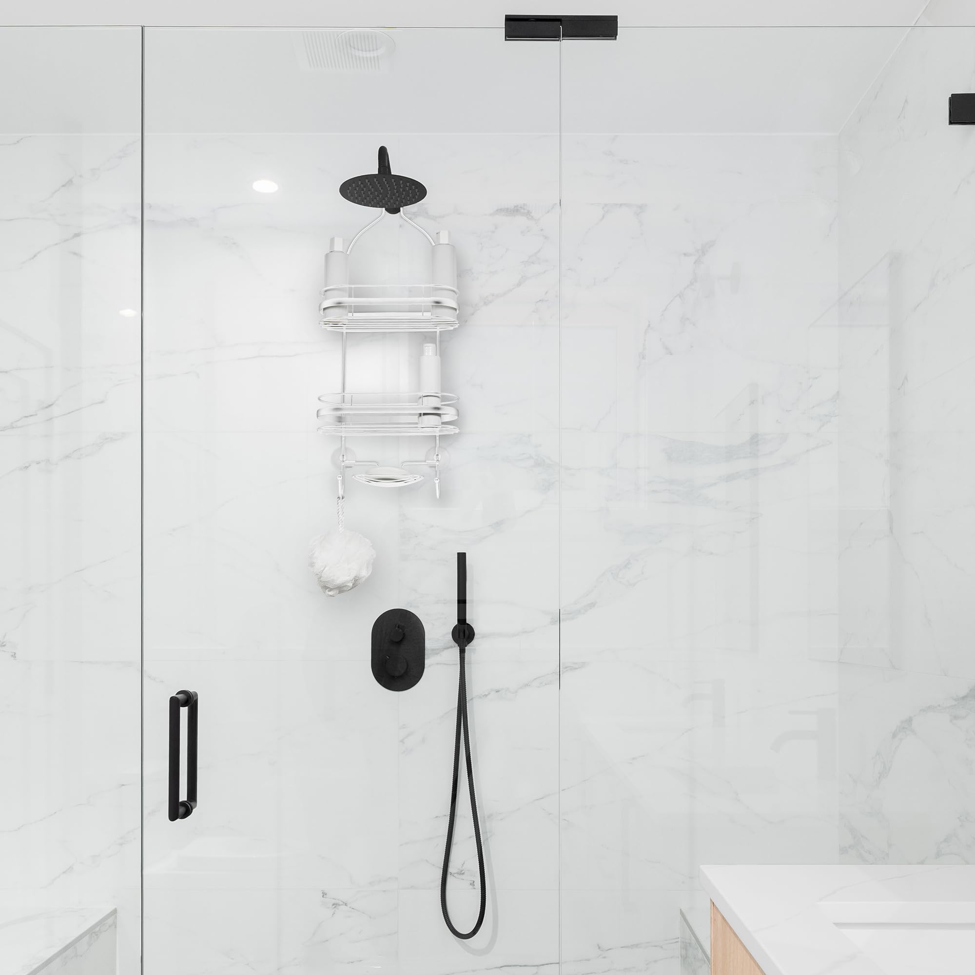 Moorefield 3 Tier hanging shower caddy with banded accents, non-slip neck, and suction cups (Matte White)