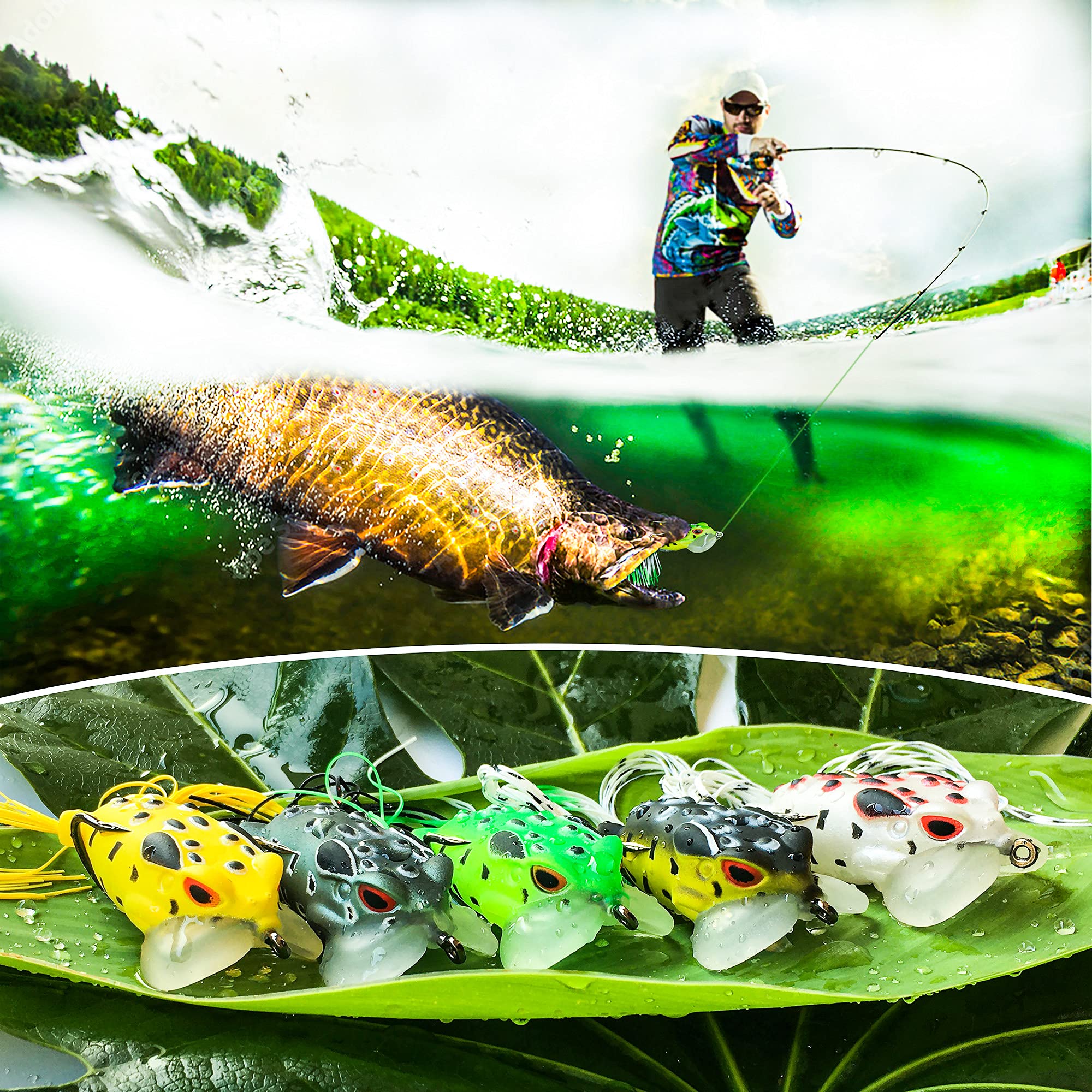 Fishing Lures for Bass Topwater Frog Lures - Weedless Lures Soft Plastic Fishing Bait, 5pcs Toad Lures with Tackle Box
