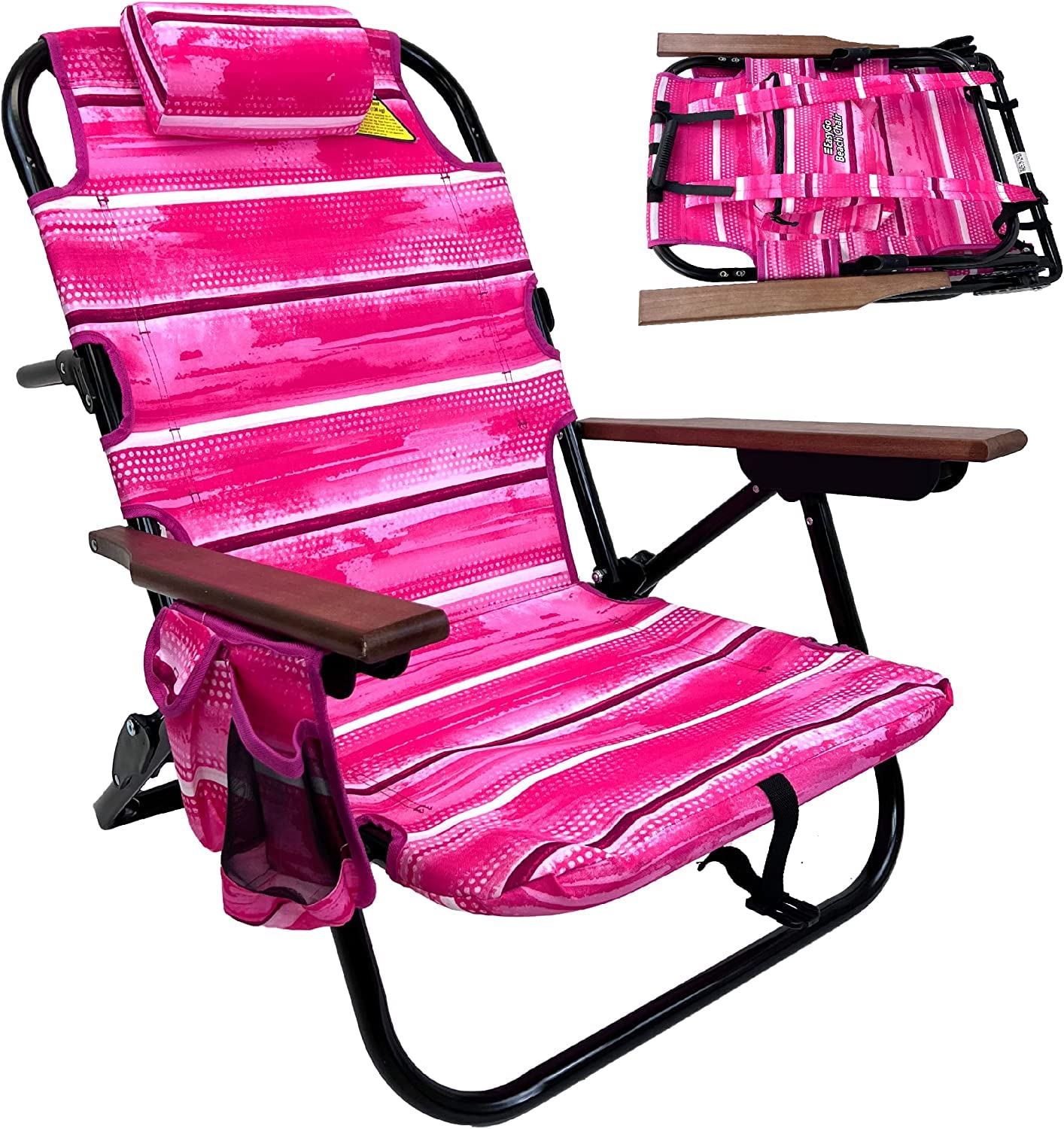 EasyGo Product Backpack Beach Chair 5 Positions and Cup Holder Pouch on Side Padded Pillow Storage Bag on Back Lightweight Rustproof Aluminum Black Frame, 2 Pack Pink & Blue