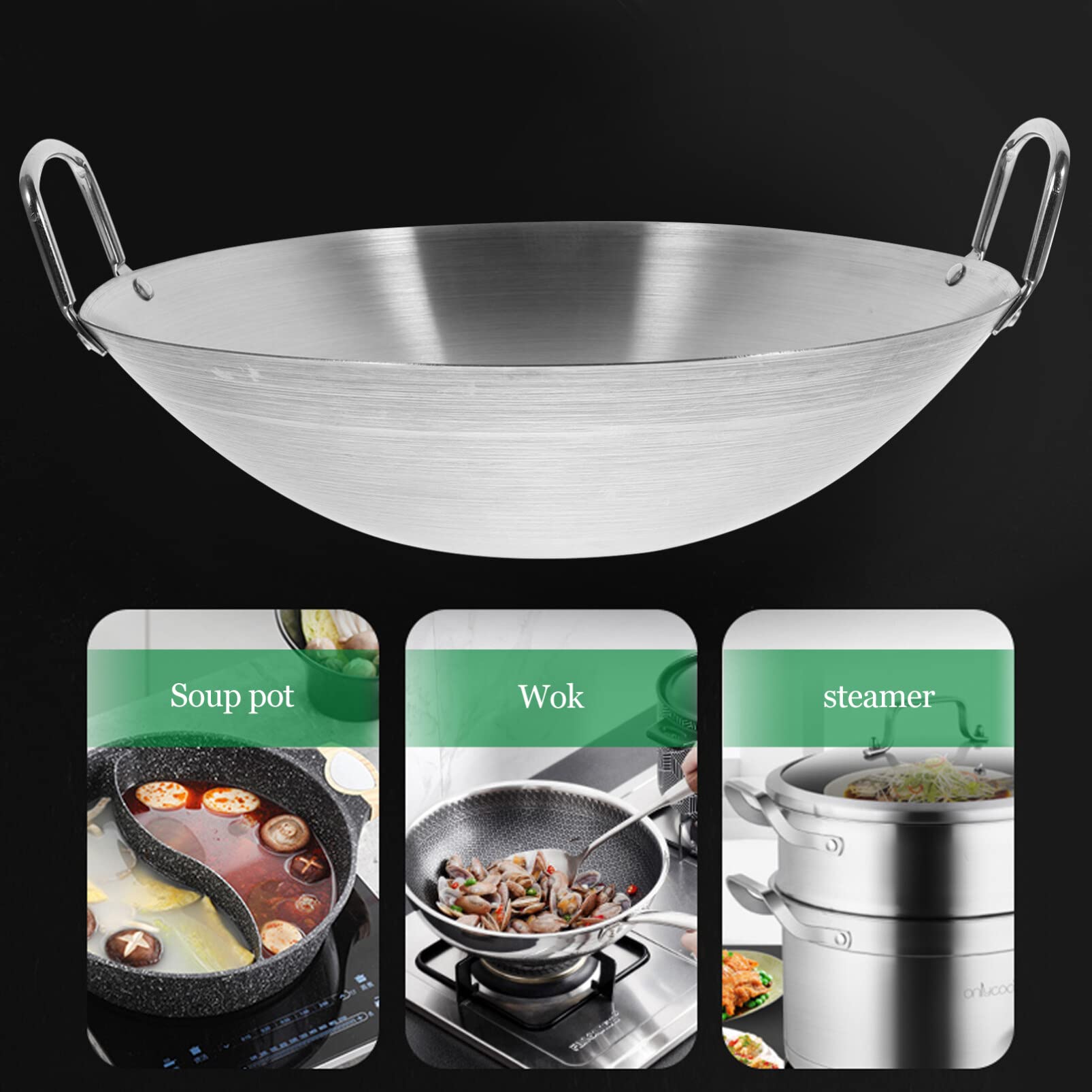 Hemoton 11 Inch (28cm) Heavy Stainless Steel Wok, Traditional Canton Style, Dual- handled Steel Wok (Round Bottom)